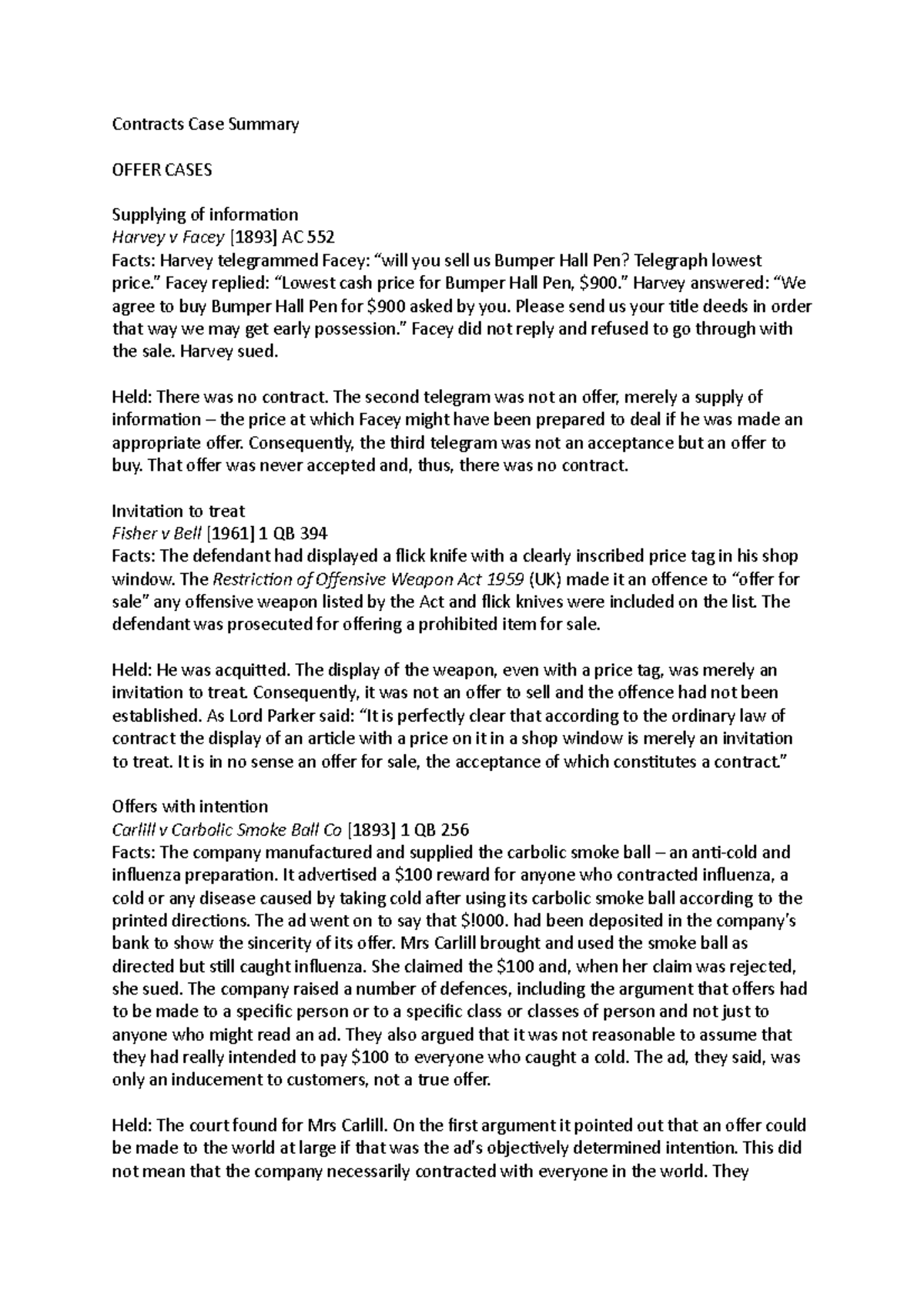 Contracts Case Summary - Contracts Case Summary OFFER CASES Supplying ...