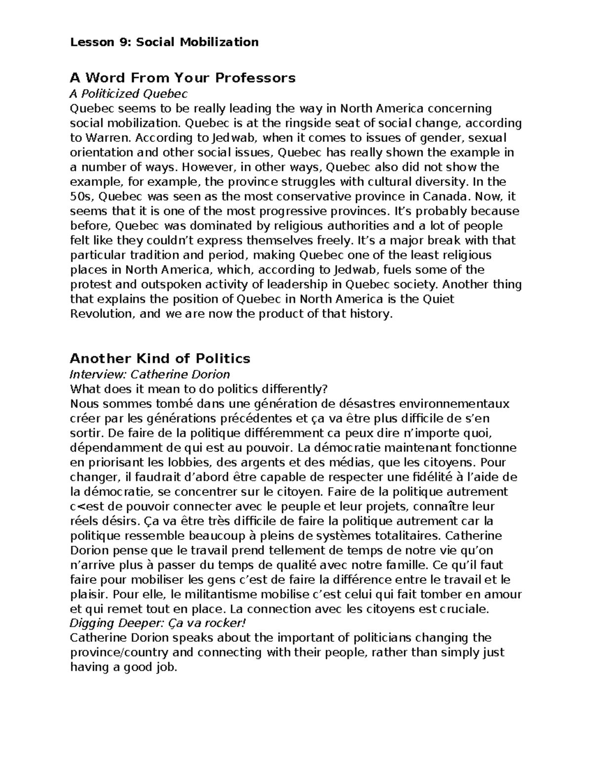 Notes - Unit 9 - A Word From Your Professors A Politicized Quebec ...