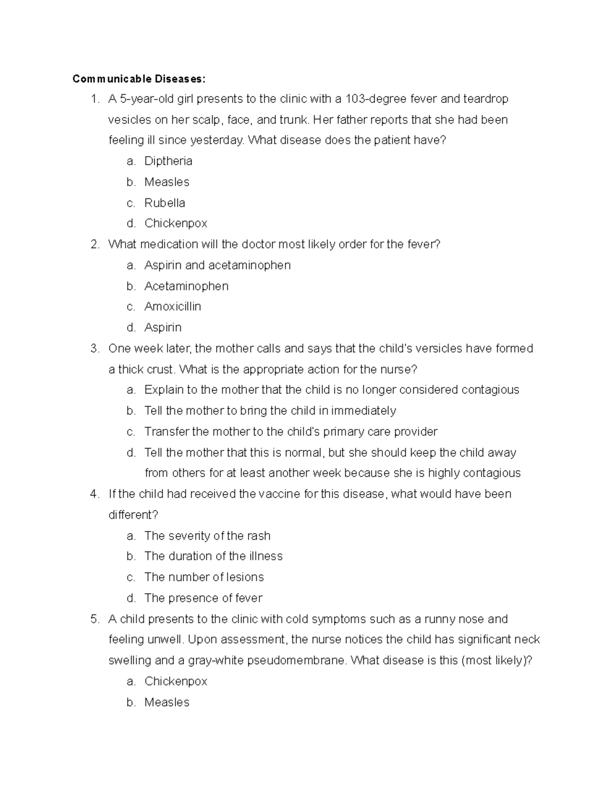 Peds Lecture Notes Communicable Diseases 1 A 5 year old Girl
