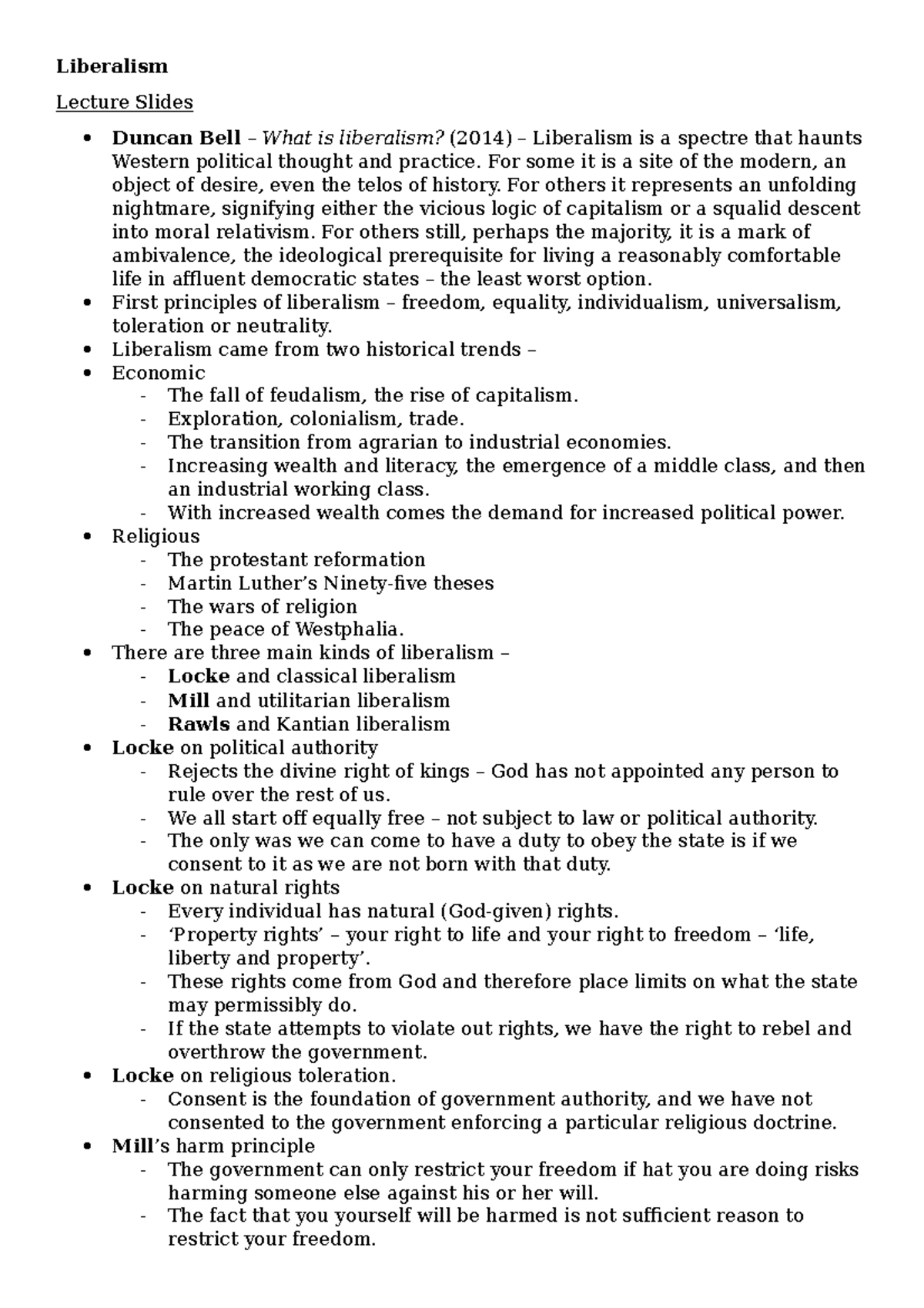 Liberalism - Lecture notes 1 - Liberalism Lecture Slides Duncan Bell ...