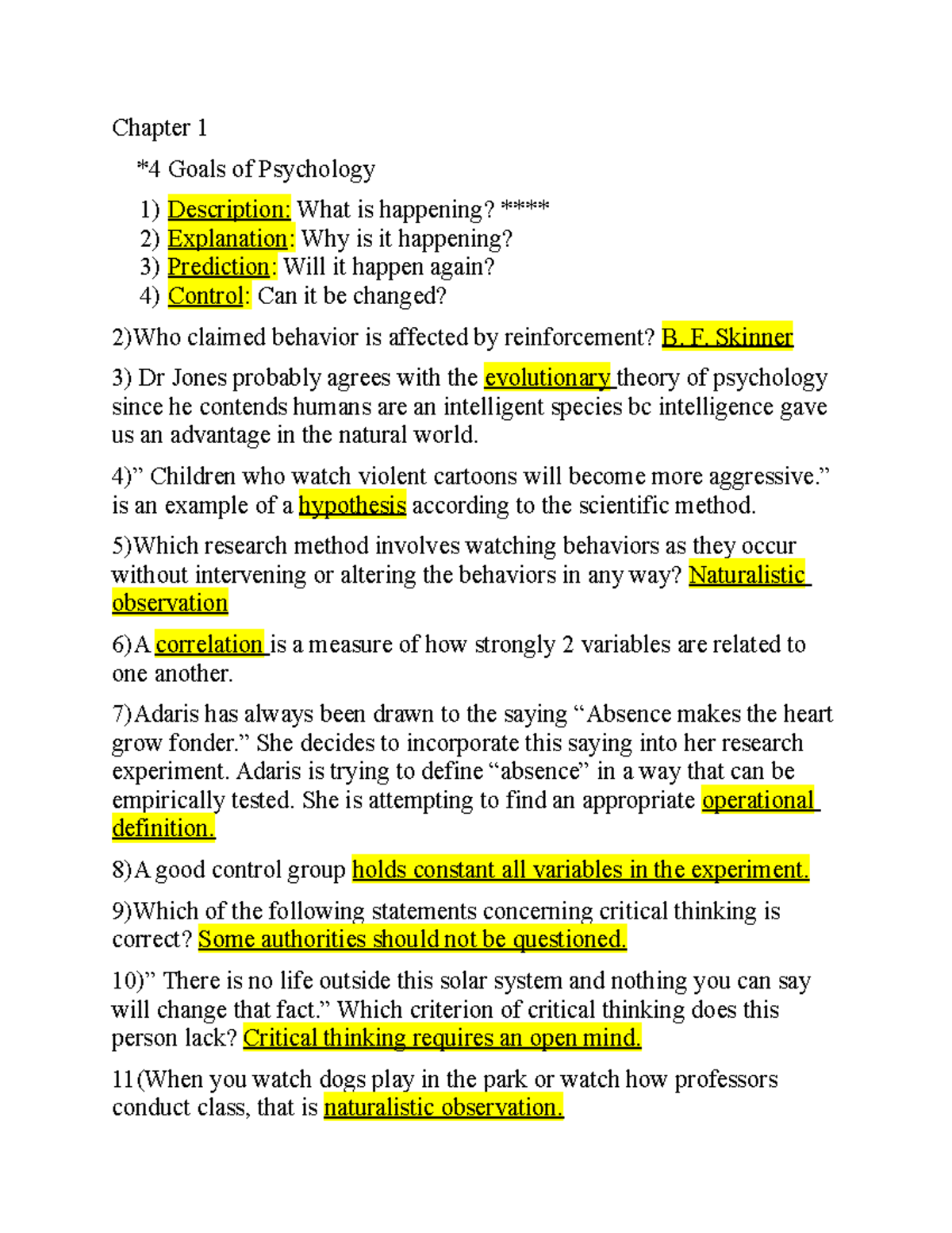 Psychology Chapters 1 2 study - Chapter 1 *4 Goals of Psychology 1 ...