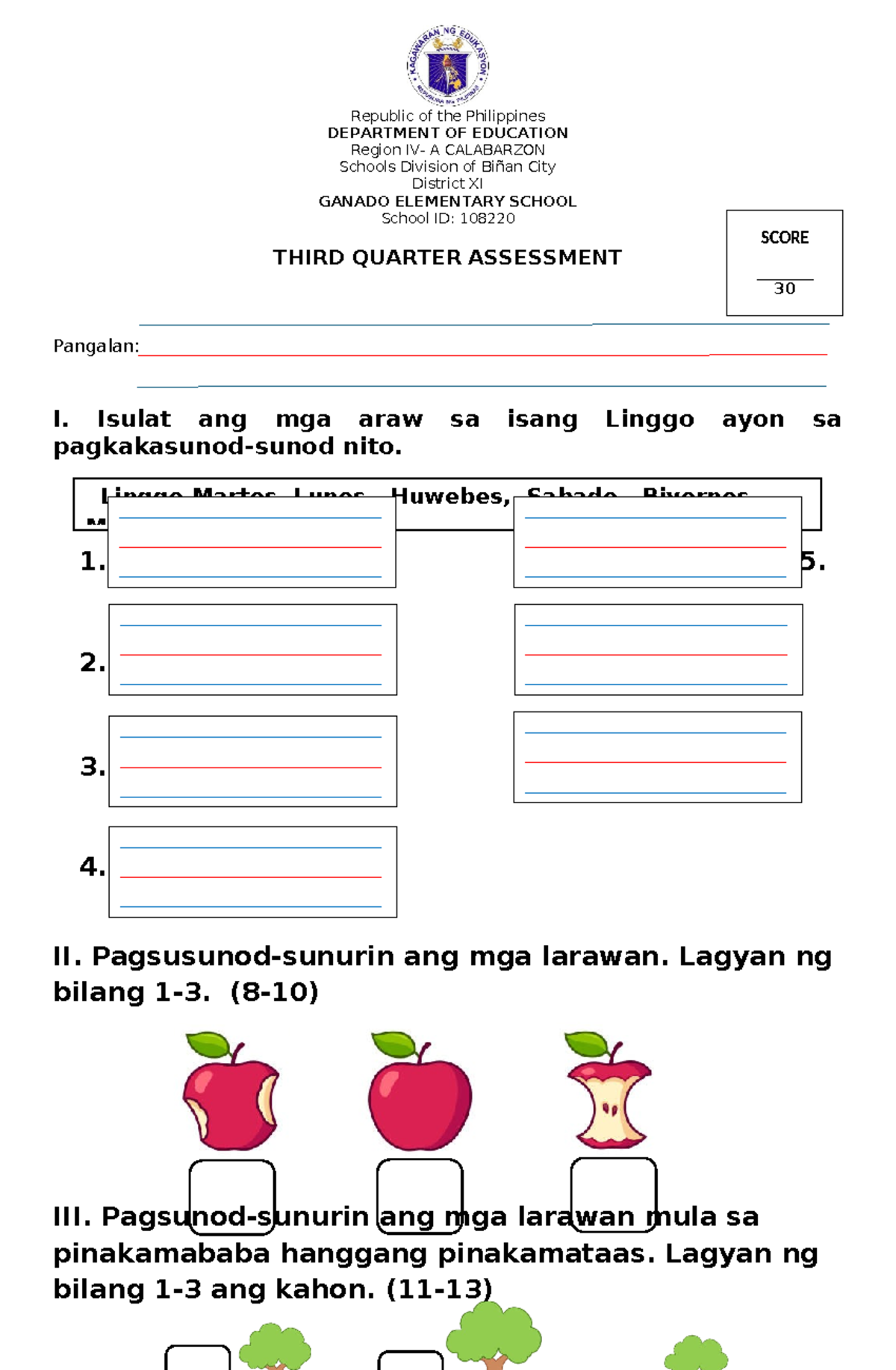 Third Quarter Assessment WITH TOS - Republic of the Philippines DEPARTMENT OF EDUCATION Region ...