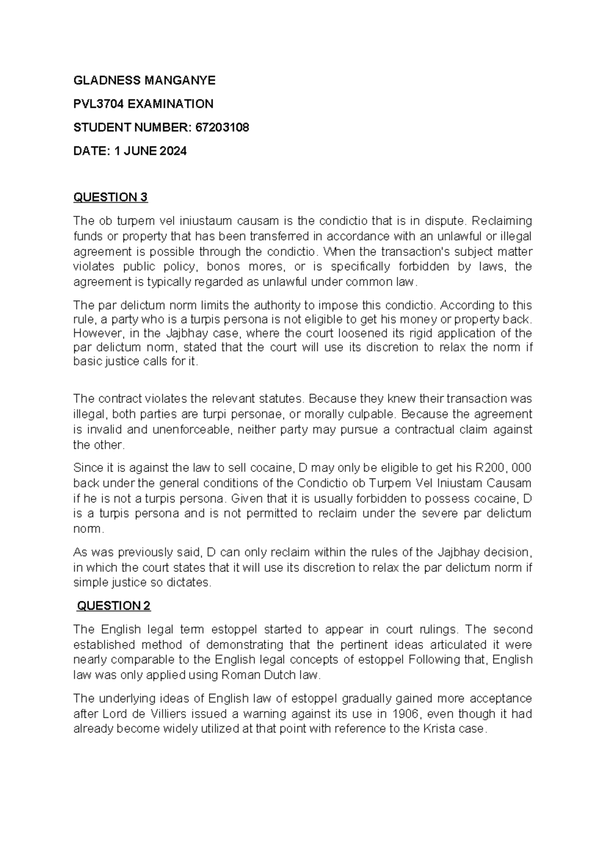 PVL3704 Examination JUNE 2024 - GLADNESS MANGANYE PVL3704 EXAMINATION STUDENT NUMBER: 67203108 ...