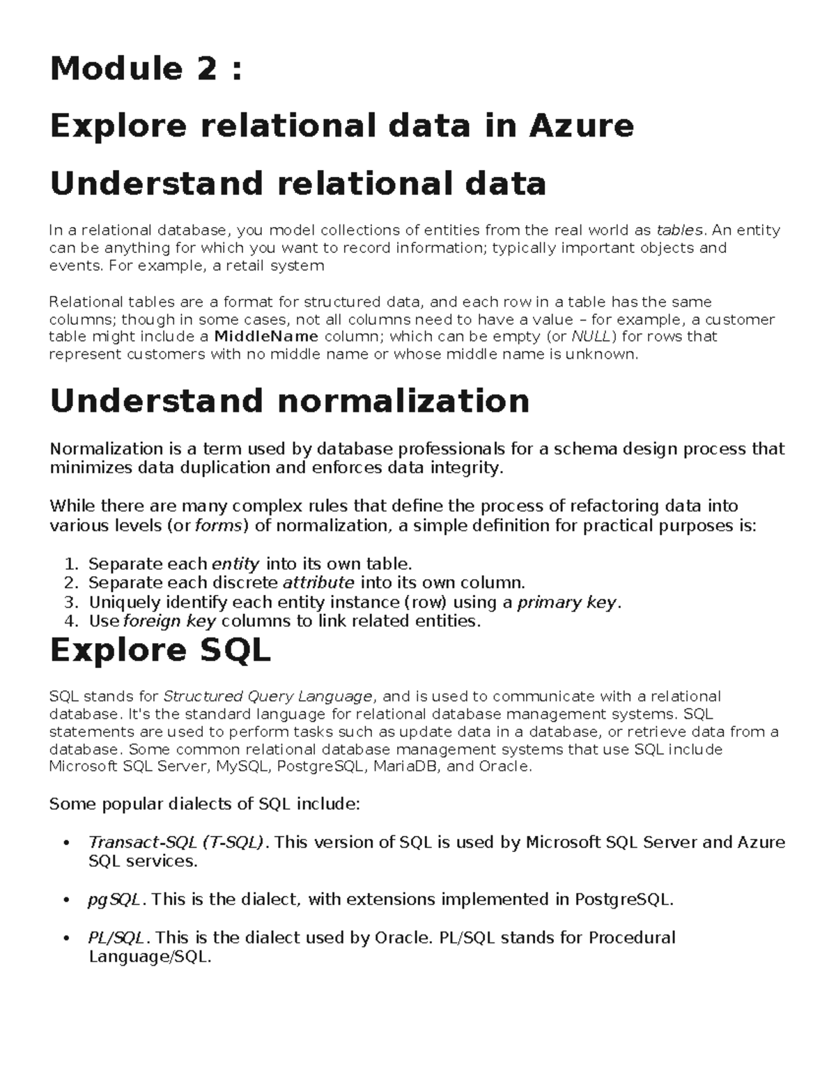 Module 2 - Notes - Module 2 : Explore relational data in Azure ...