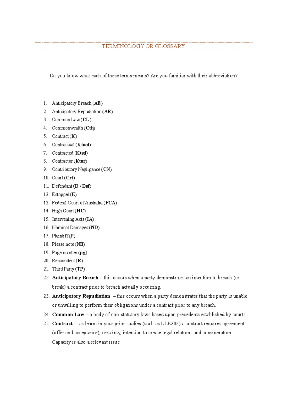 LLB304 Terminology or Glossary - TERMINOLOGY OR GLOSSARY Do you know ...