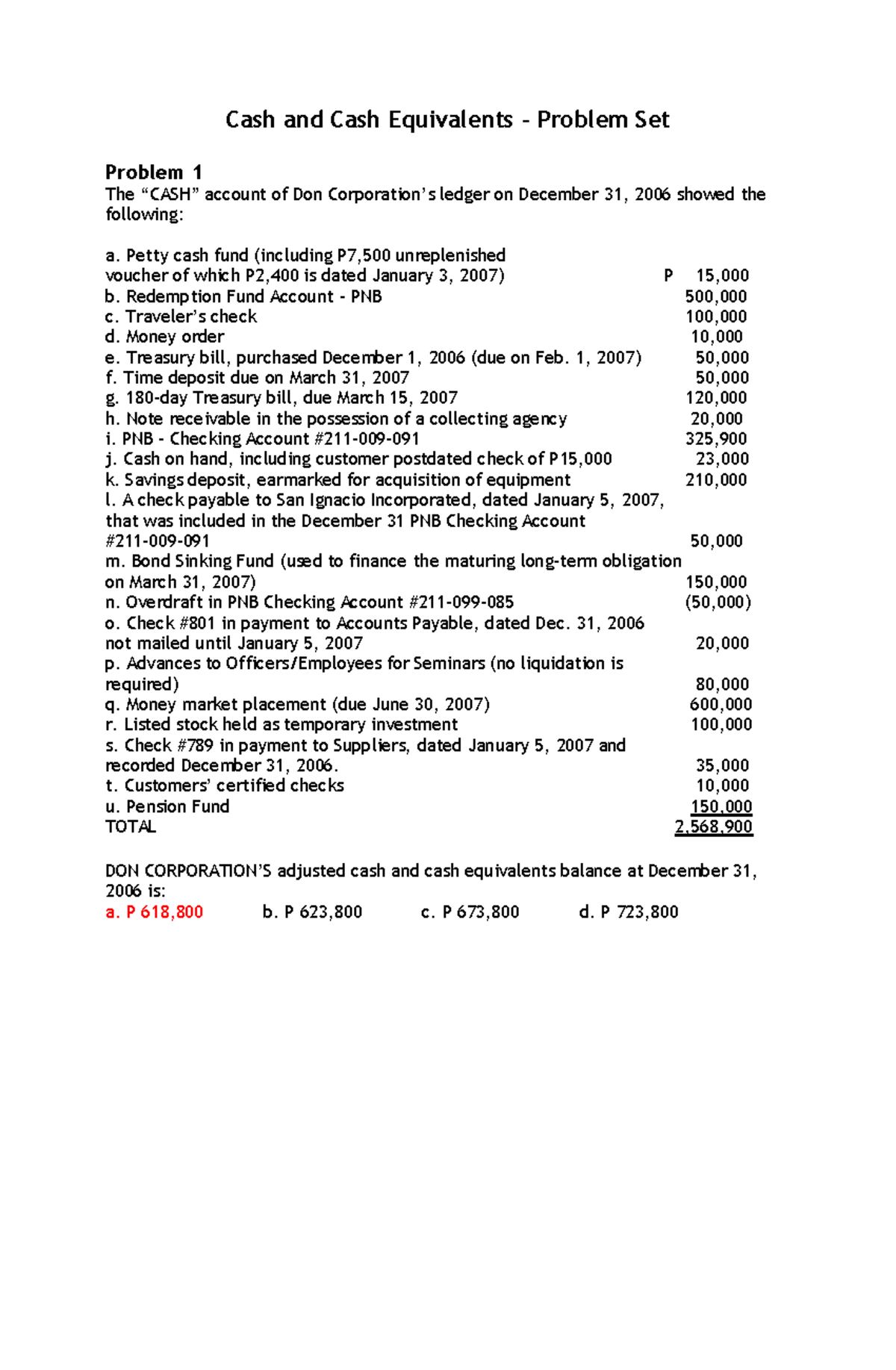 Cash and Cash Equivalents Problem Set - Cash and Cash Equivalents ...