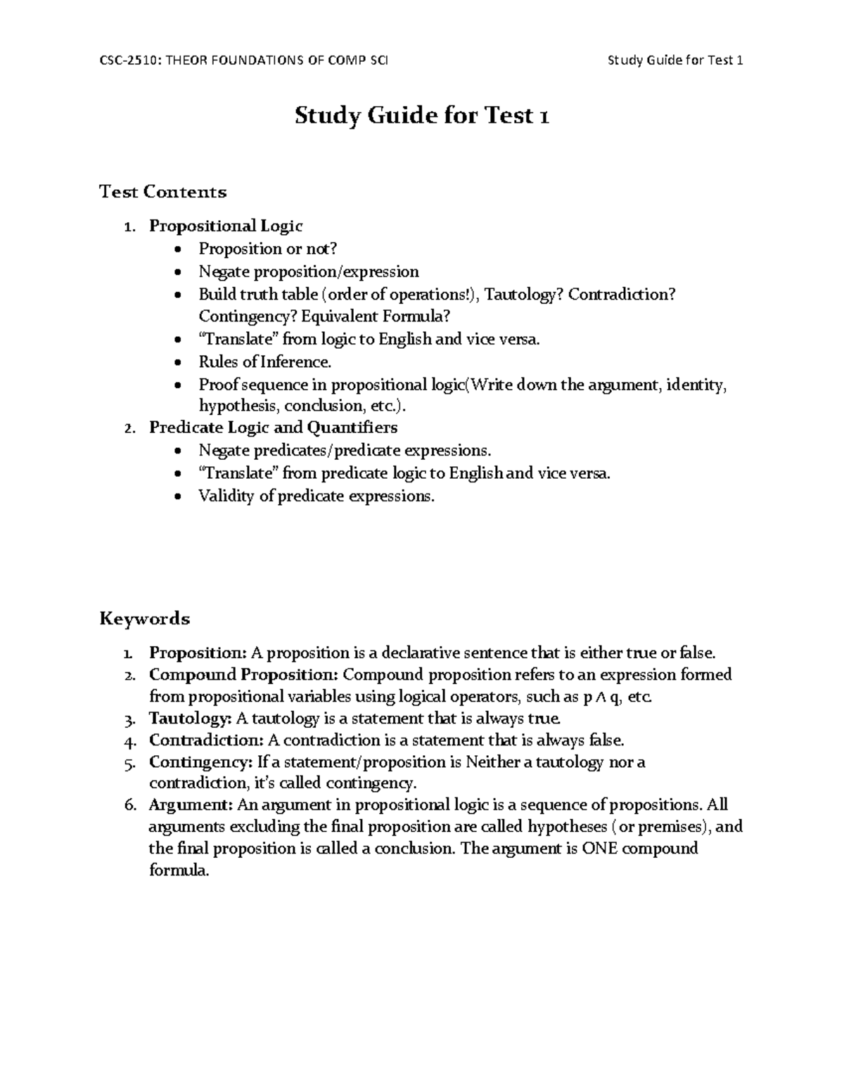 [ CSC 2510 ] Study Guide 1 - Study Guide for Test 1 Test Contents 1 ...