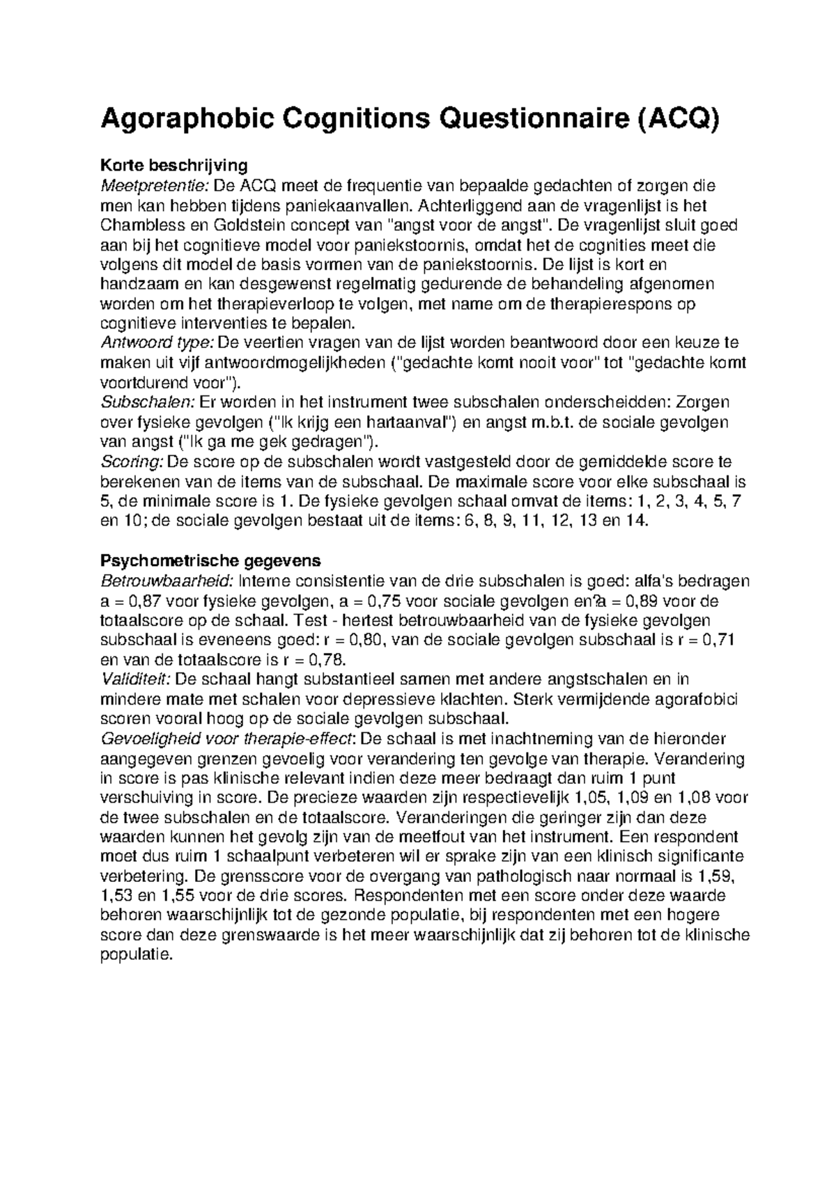 ACQ beschrijving psychometrische gegevens normen - Agoraphobic ...