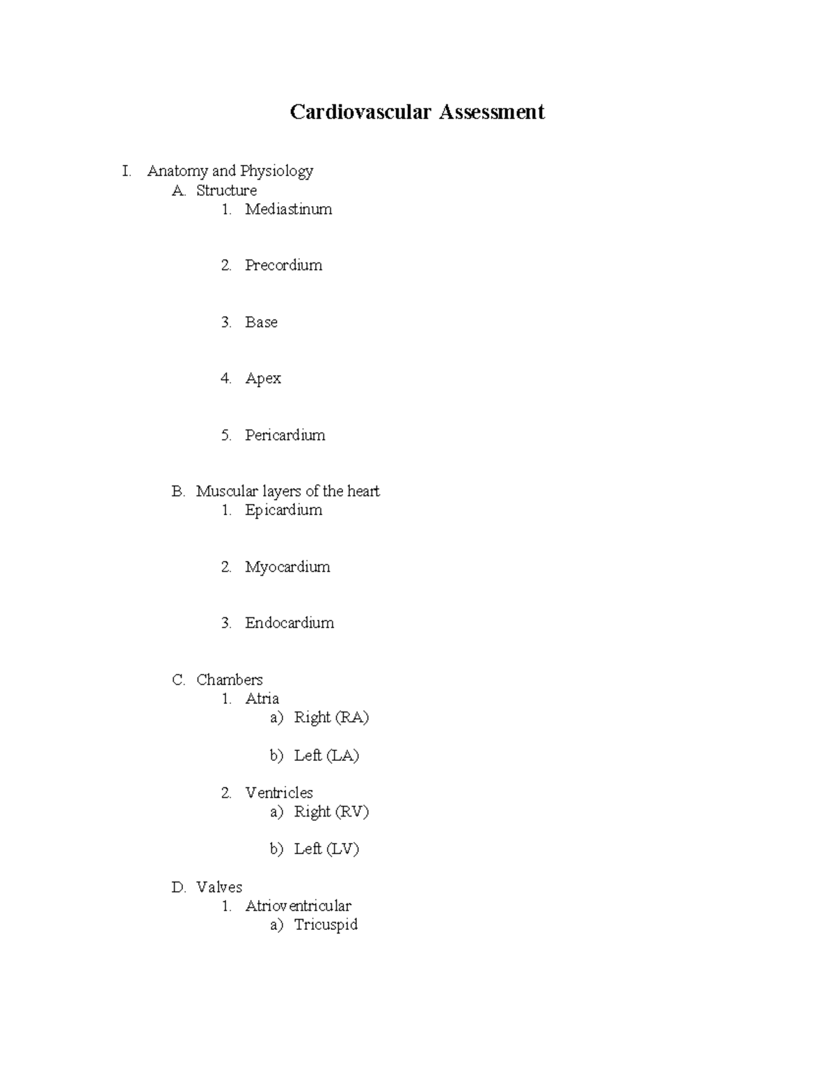 Cardiovascular Notes-2 - Cardiovascular Assessment I. Anatomy and ...