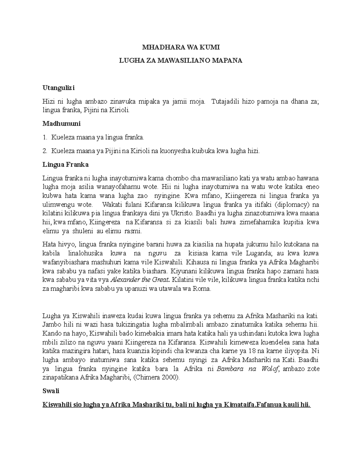 Mhadhara WA KUMI - Additional notes to help - MHADHARA WA KUMI LUGHA ZA ...