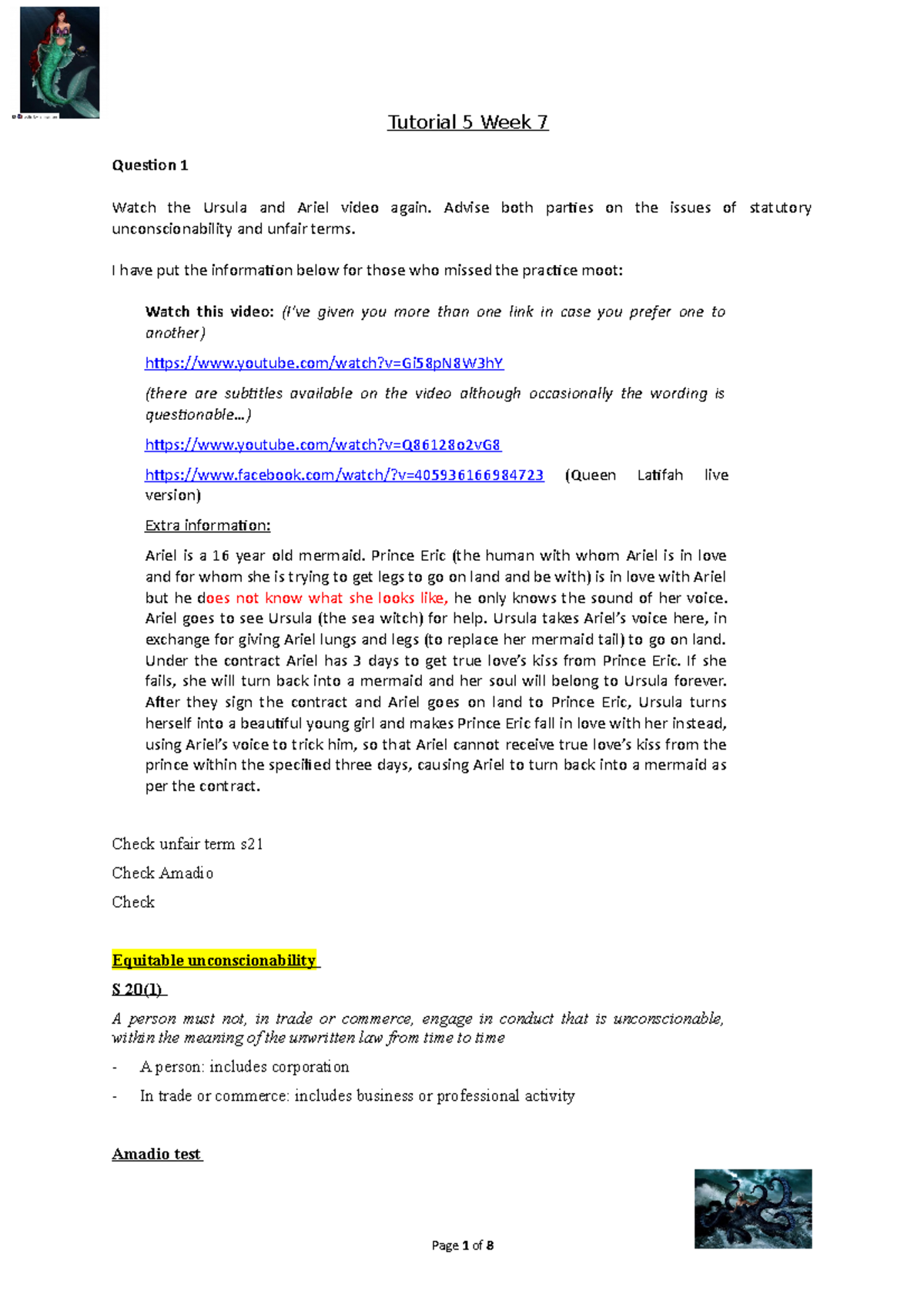 Tutorial 5 Week 7 Q - Tutorial 5 Week 7 Question 1 Watch the Ursula and Ariel video again ...