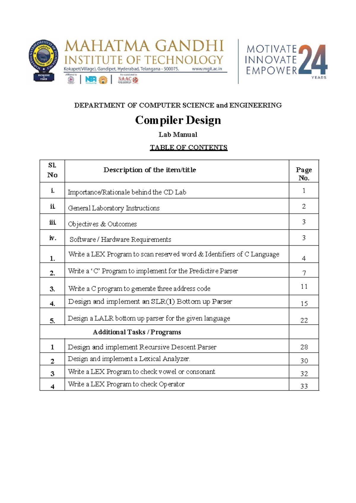 Compiler Design Lab Manual Department Of Computer Science And