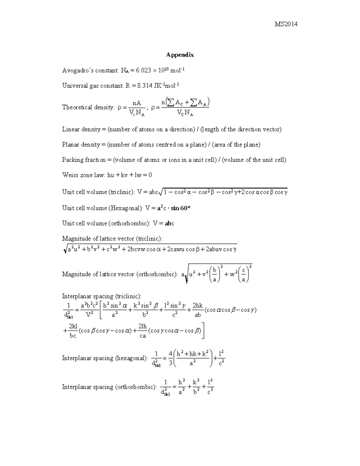 List of formulae MS2014 - MS Appendix Avogadroís constant: NA = 6 1023 ...