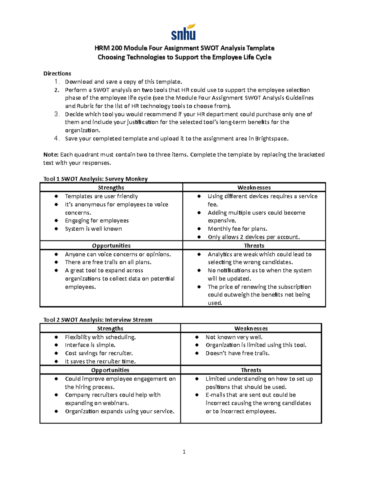 HRM 200 Module Four Assignment SWOT Analysis Template - Download and ...