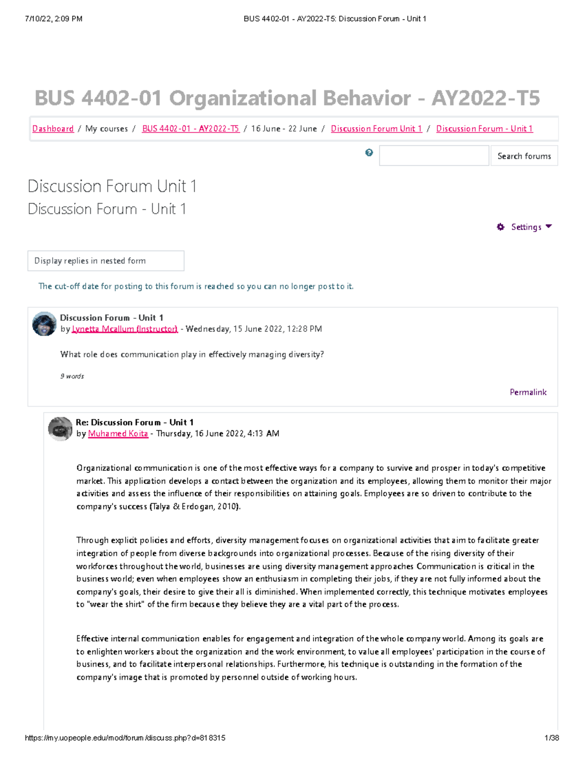 BUS 4402-01 - AY2022-T5 Discussion Forum - Unit 1 - BUS 4402-01 ...