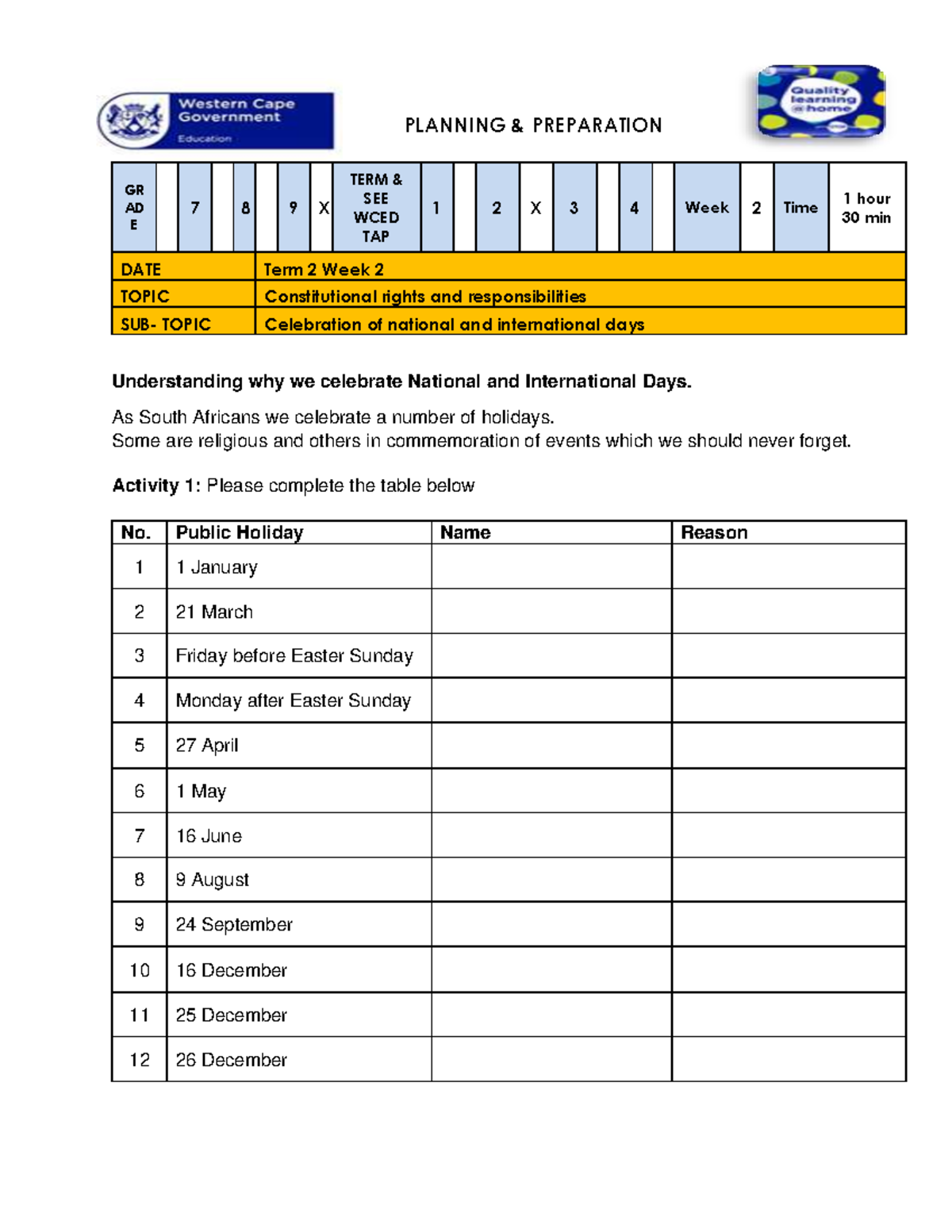 Lesson Plan Gr. 9 Life Orientation T2 W2 - PLANNING & PREPARATION GR AD ...