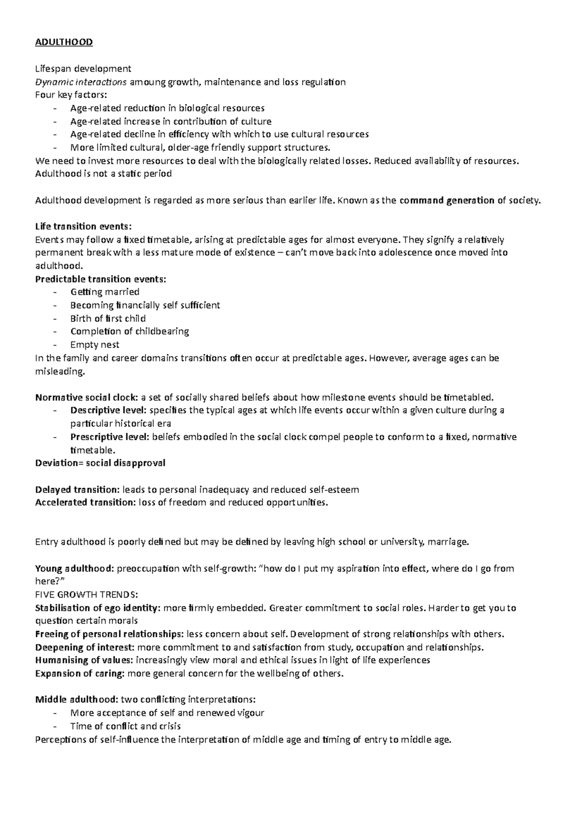 12 adulthood - In-depth module notes including an explanation of ...