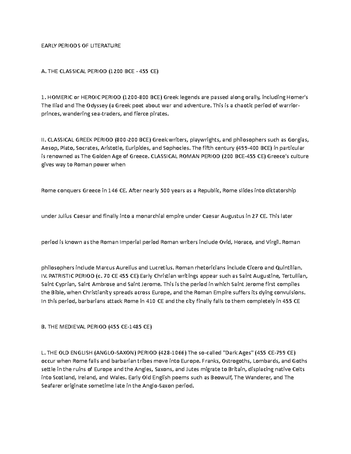 Early Periods of Literature - EARLY PERIODS OF LITERATURE A. THE ...