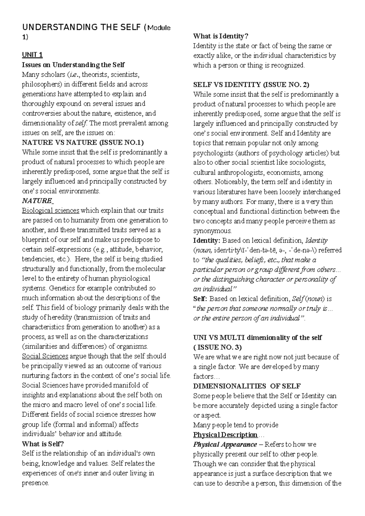 UTS- Reviewer - UNDERSTANDING THE SELF (Module 1) UNIT 1 Issues on Understanding the Self Many ...