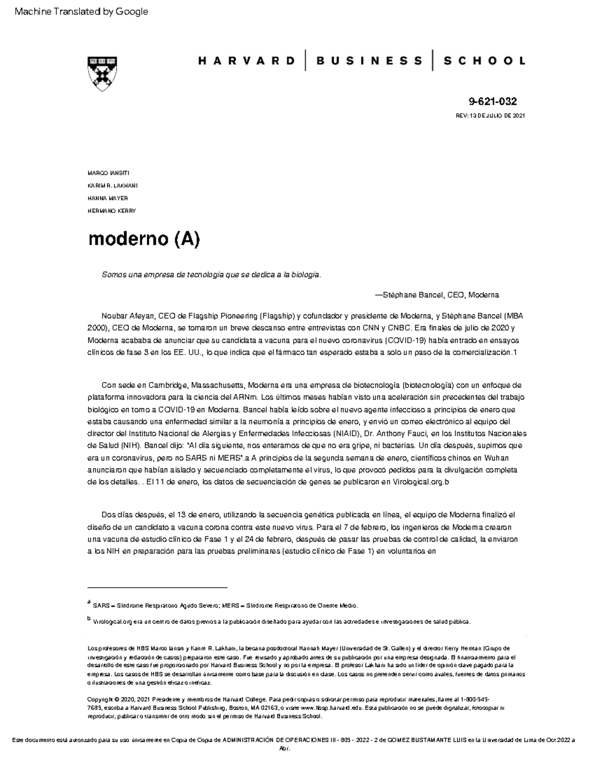 CASO Harvard OPE 3 - 9-621- moderno (A) Los profesores de HBS Marco ...