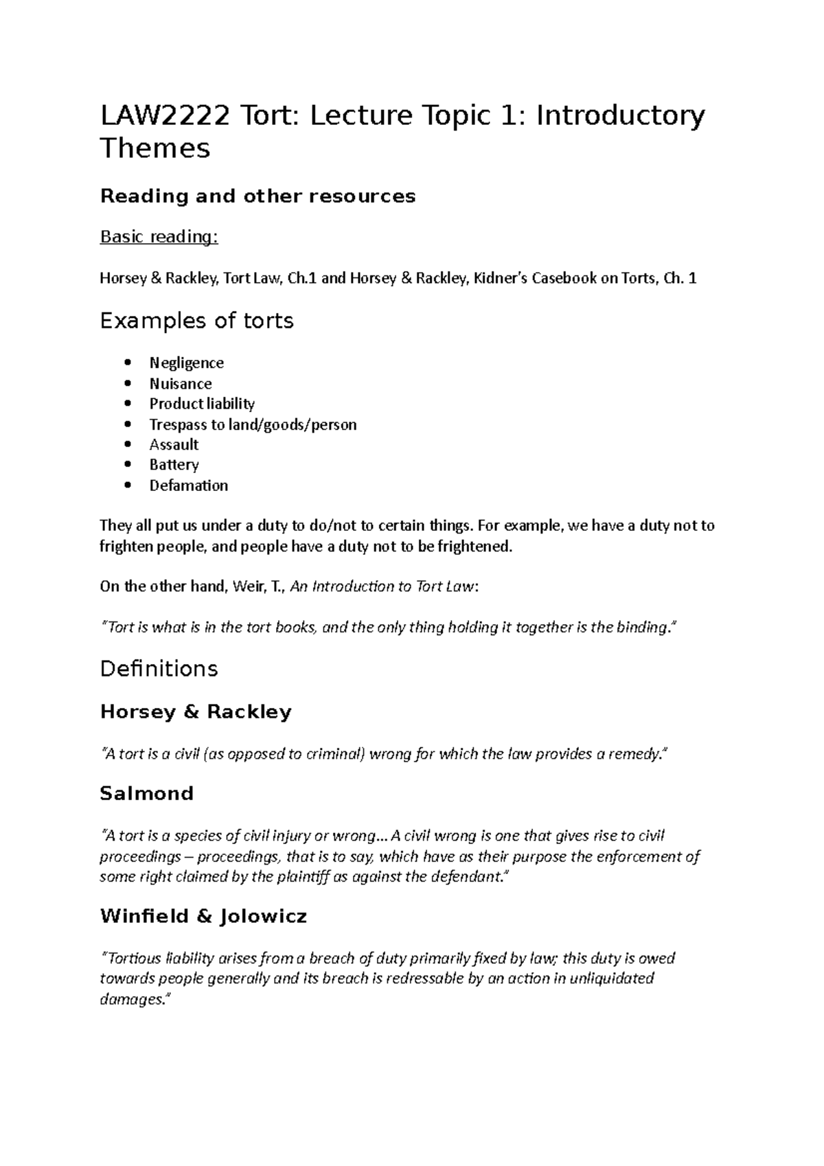 Tort Law- Introductory Themes - LAW2222 Tort: Lecture Topic 1 ...