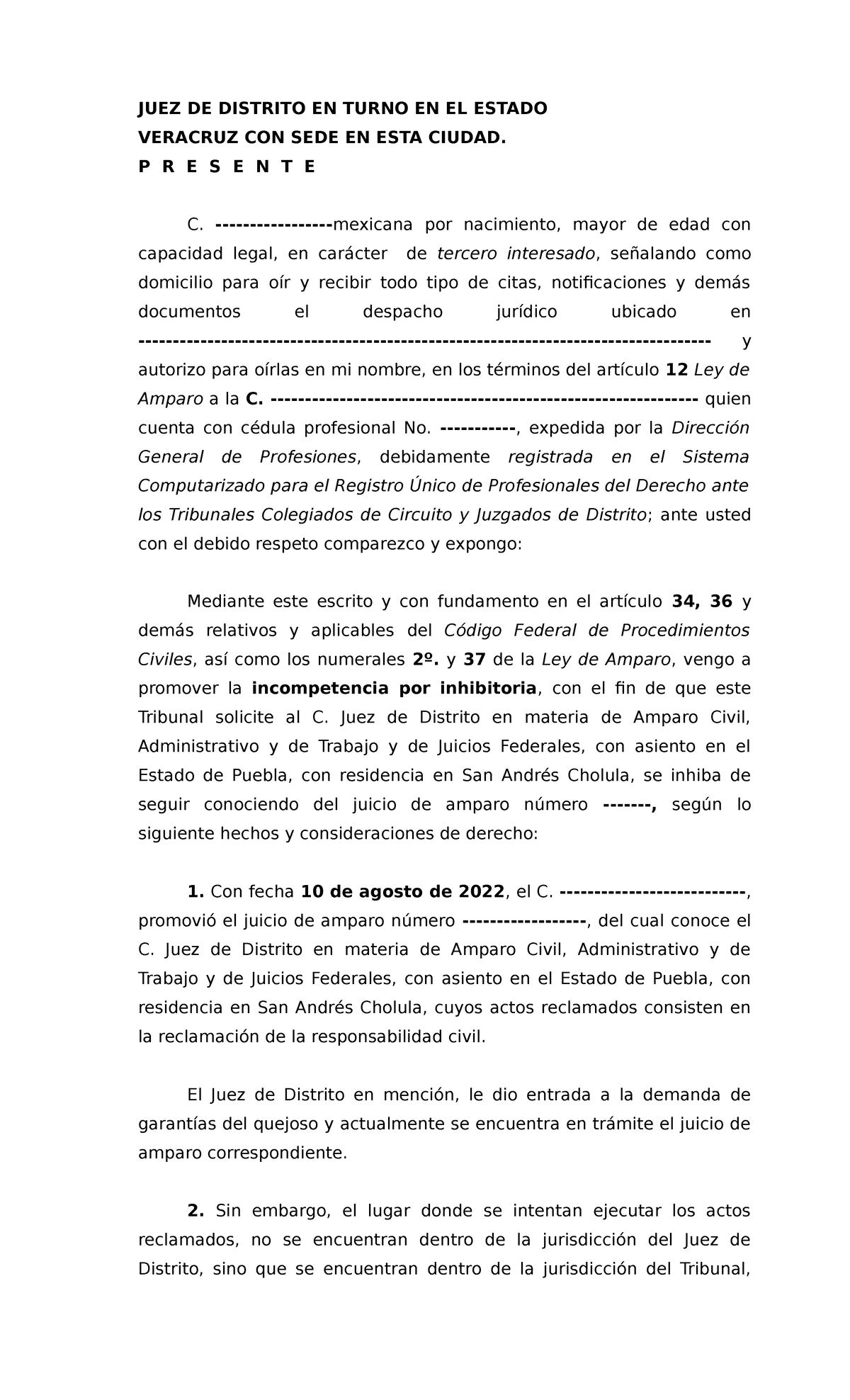 Escrito Inhibitoria en el amparo Ok - JUEZ DE DISTRITO EN TURNO EN EL ...