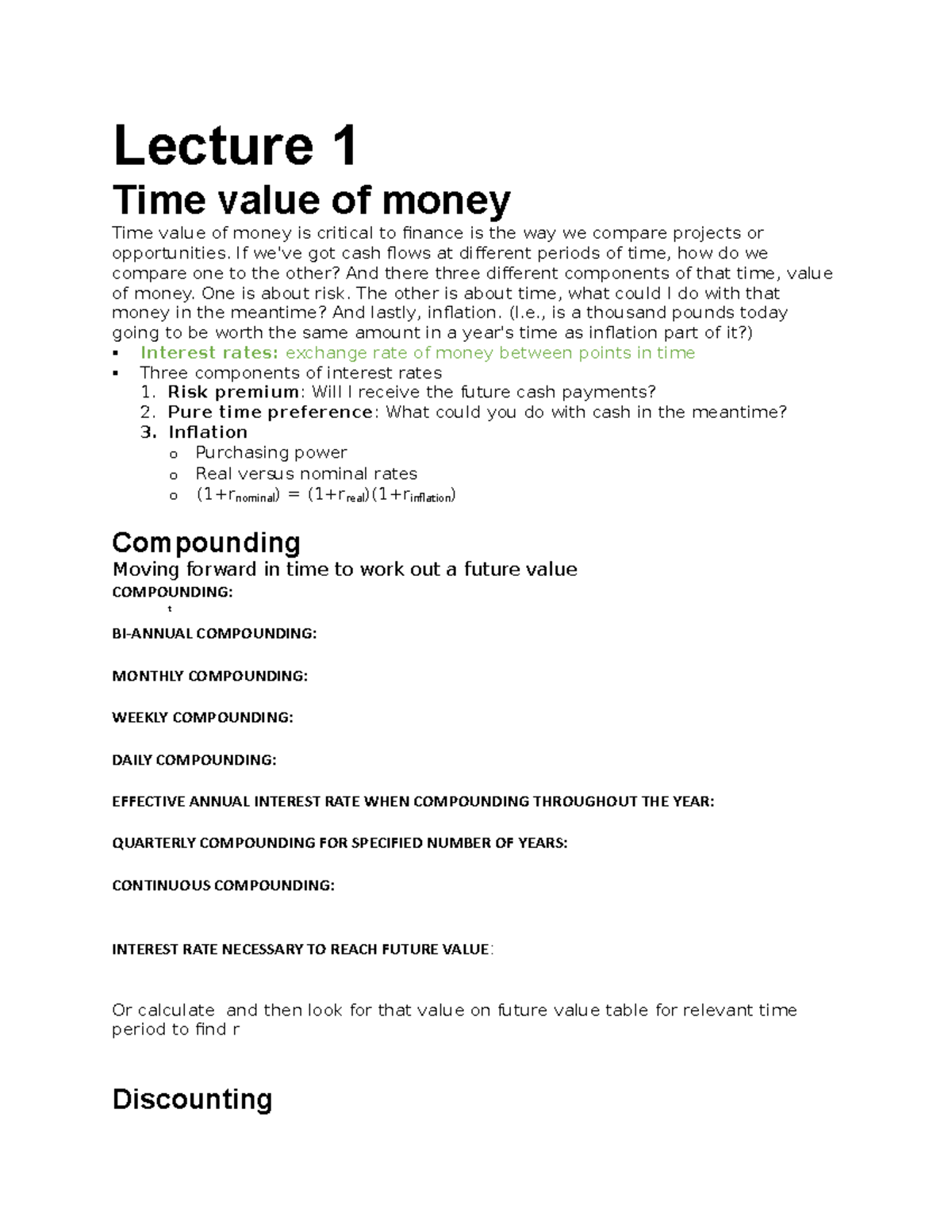 Summary of Lecture Notes - Lecture 1 Time value of money Time value of ...