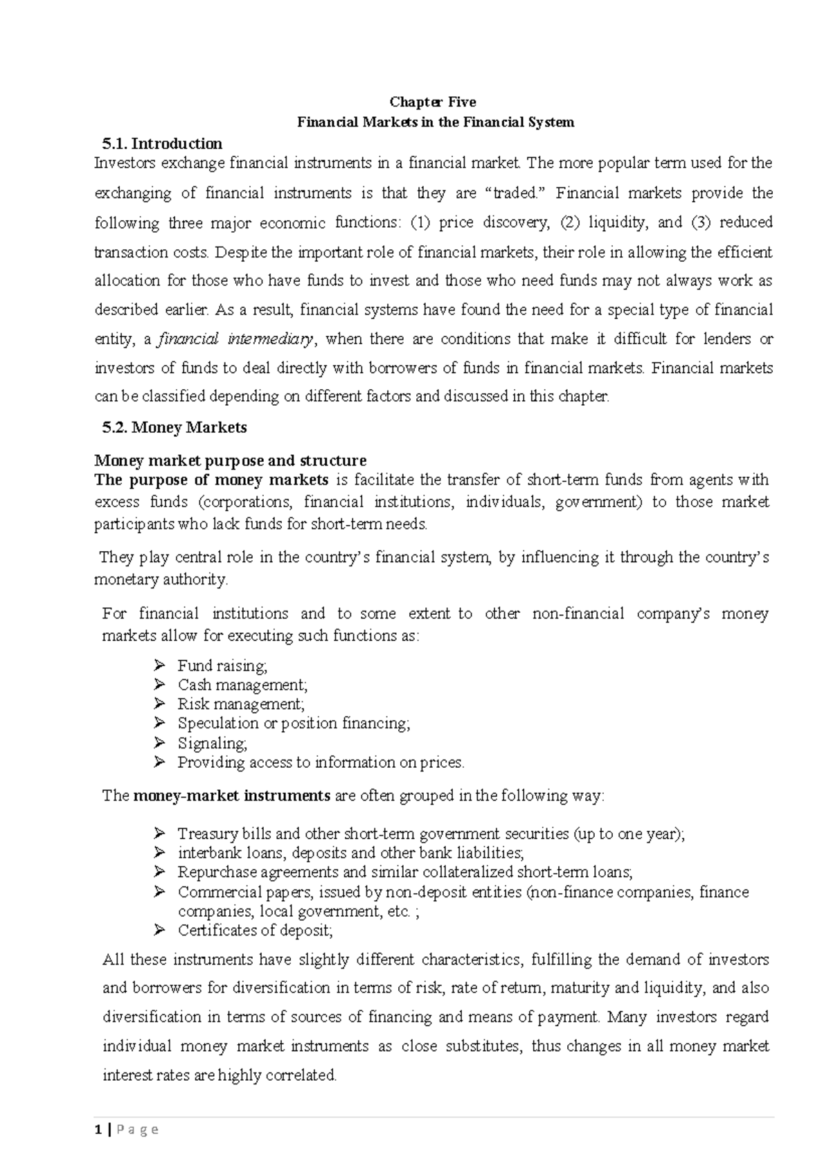 Chapter 5 FIM - short note - Chapter Five Financial Markets in the ...