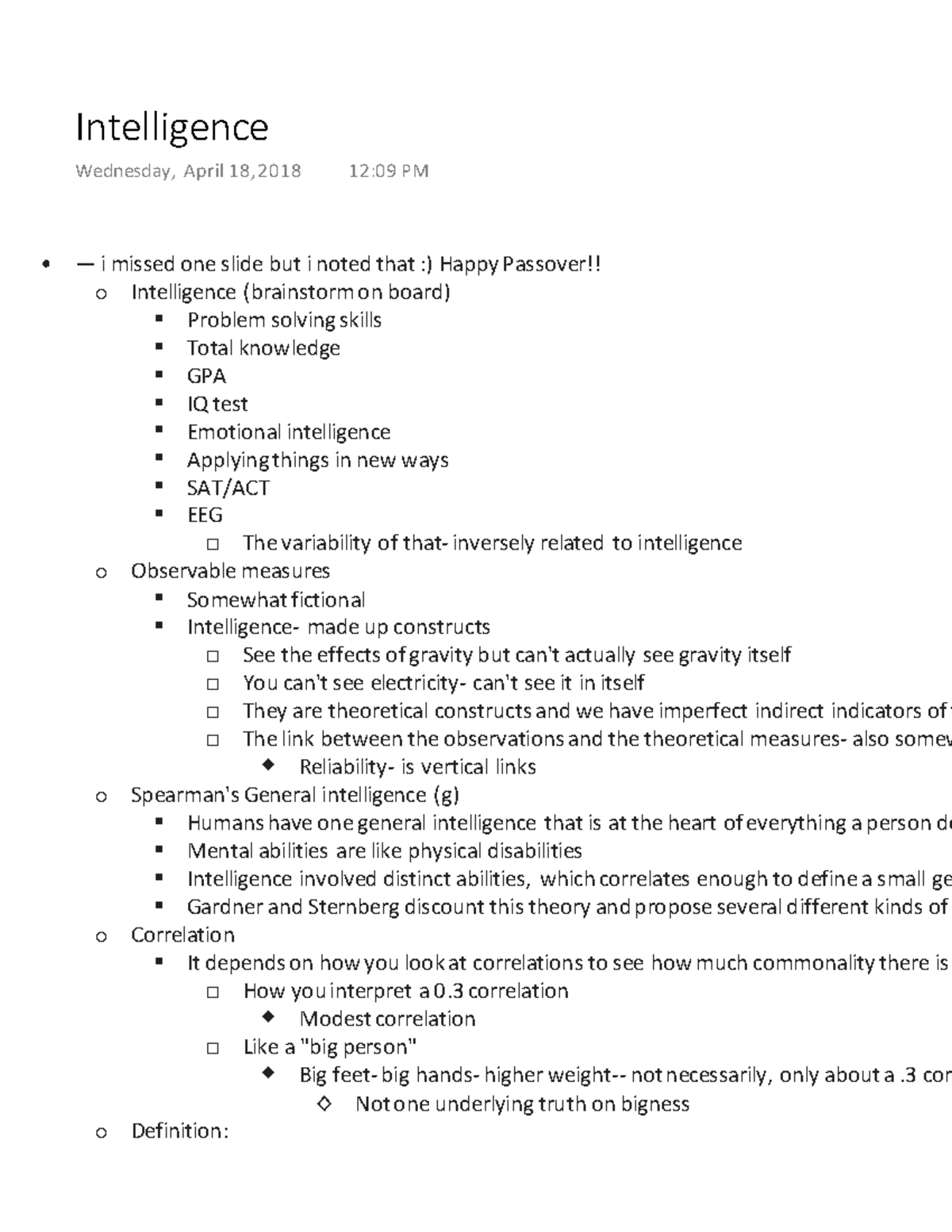 Intelligence - Lecture notes 15 - Intelligence Wednesday, April 18 ...