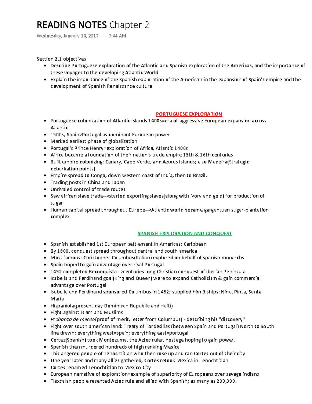 Spanish and Portuguese Exploration - READING NOTES Chapter 2 Wednesday ...
