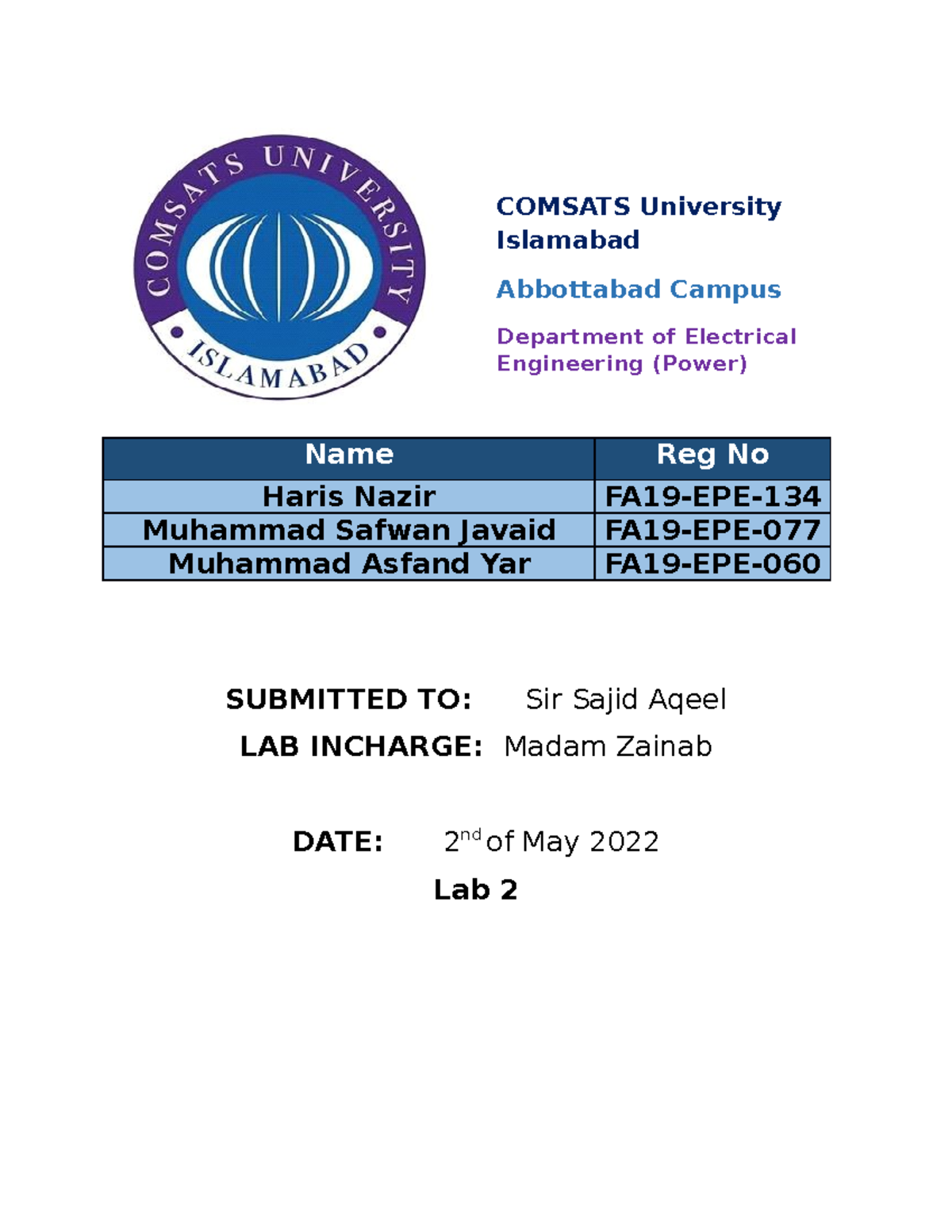 Sns LAB 2 - lab assignment - Name Reg No Haris Nazir FA19-EPE- Muhammad ...