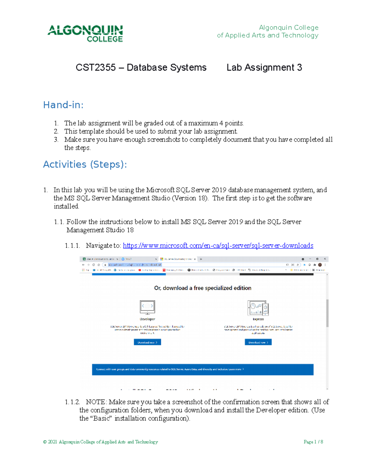 Lab03 Sql Server Installation Cst2355 Database Systems Lab