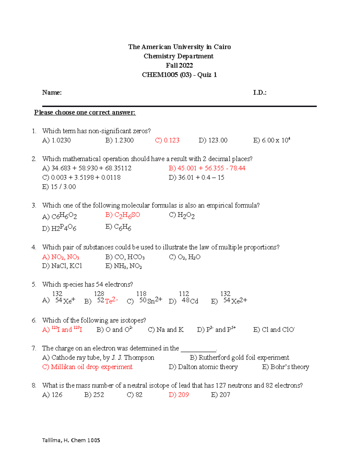 Quiz 1- 03 - key - Quiz with Solutions - The American University in ...