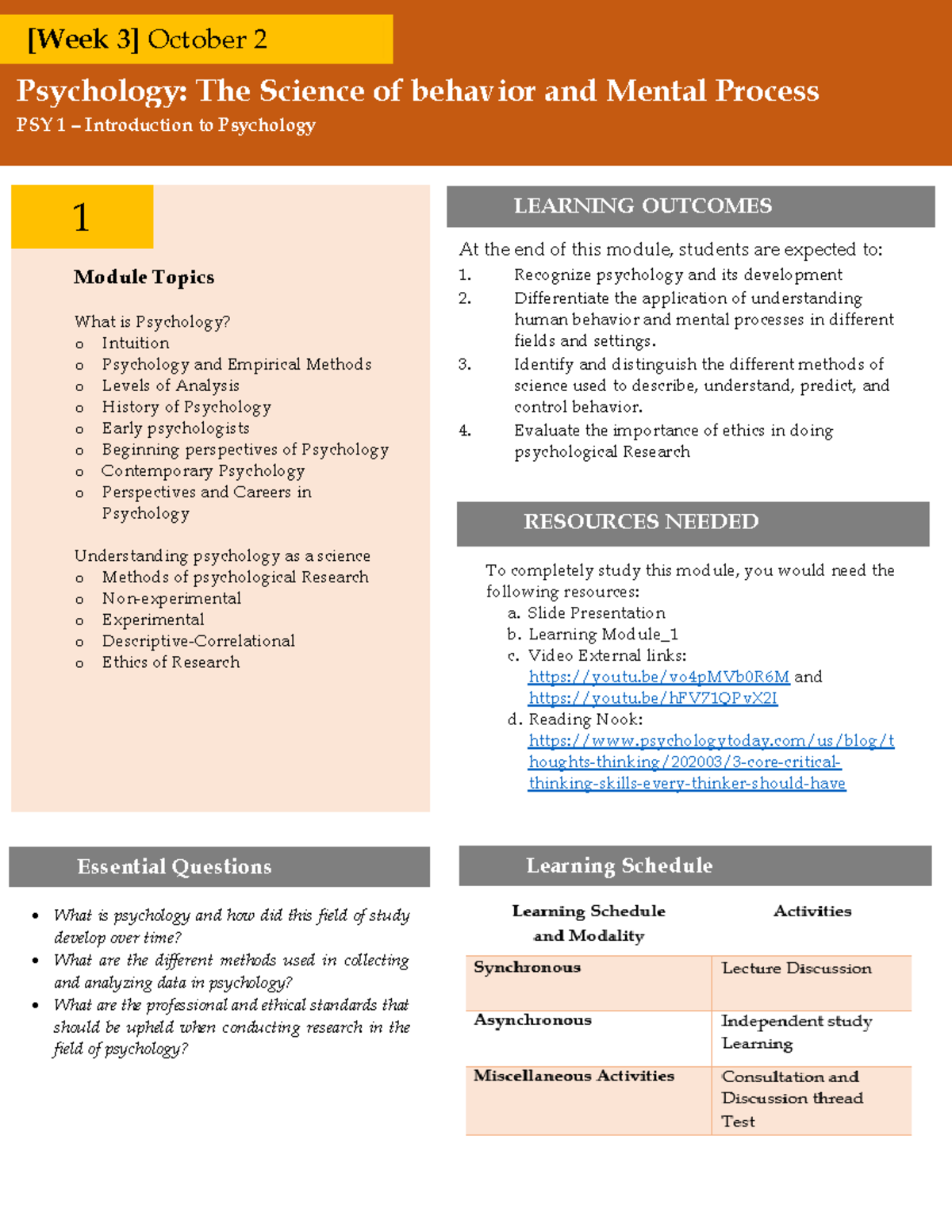 PSY-1 Module 1 - 1 Psychology: The Science of behavior and Mental ...