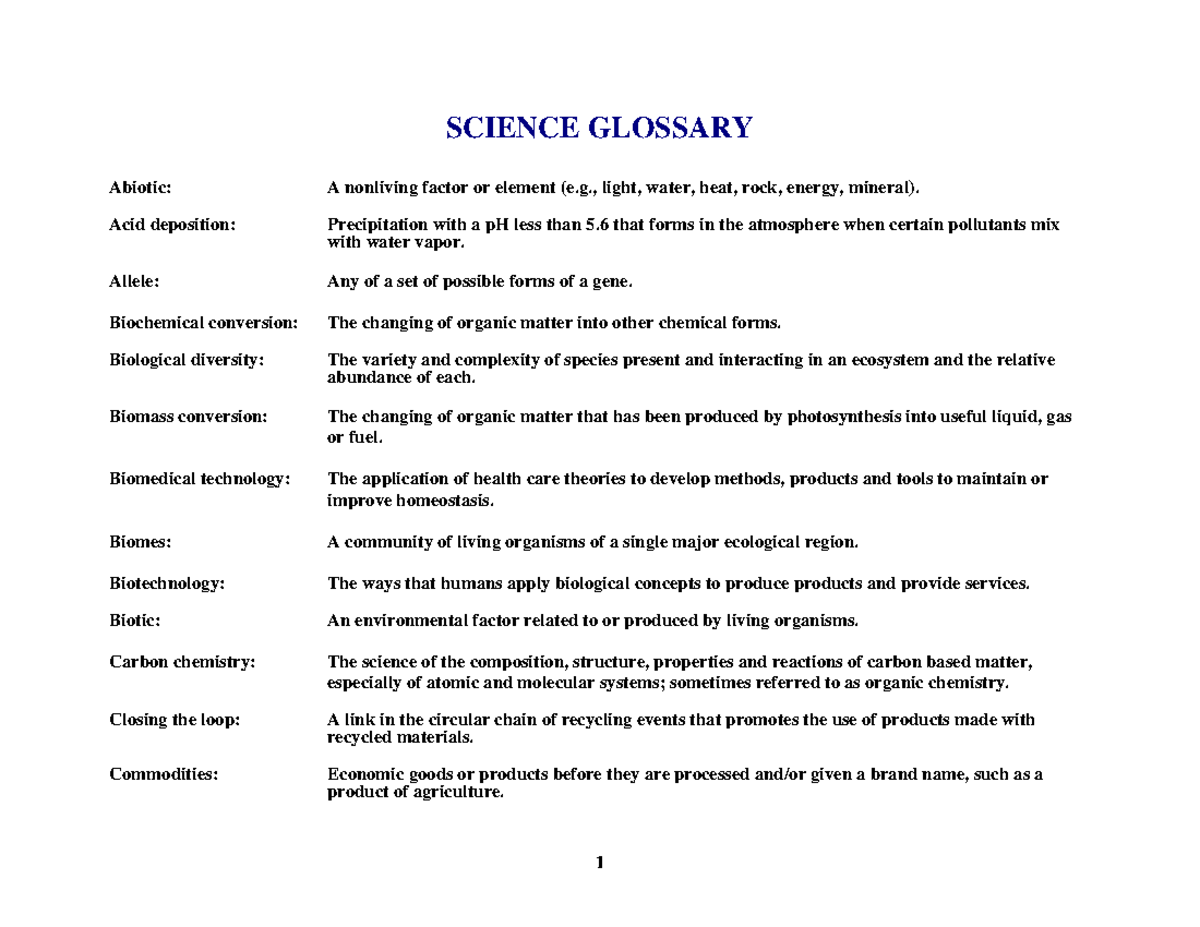 Science Glossary - Ushshwjsjans - SCIENCE GLOSSARY Abiotic: A nonliving factor or element (e ...