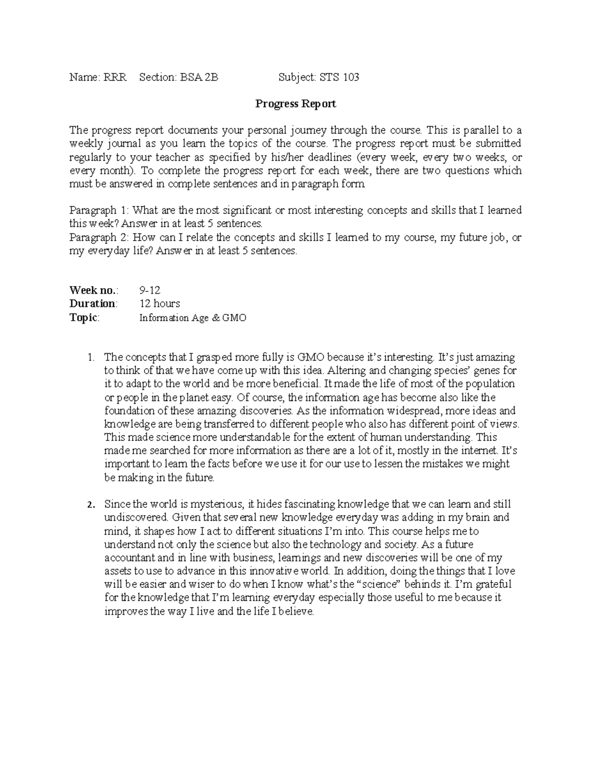 Progress Report Weeks 9 TO 12 - Name: RRR Section: BSA 2B Subject: STS ...