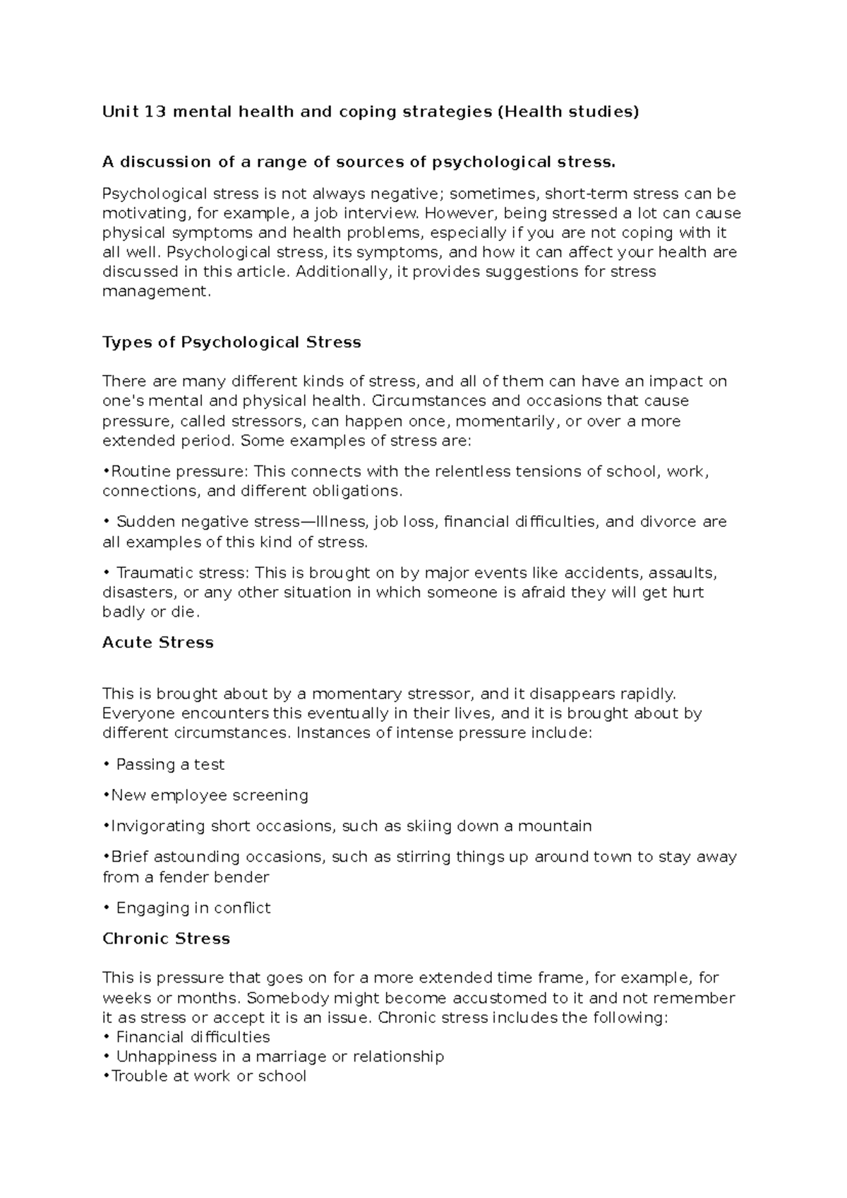 Unit 13 mental health and coping strategie notes - Psychological stress ...