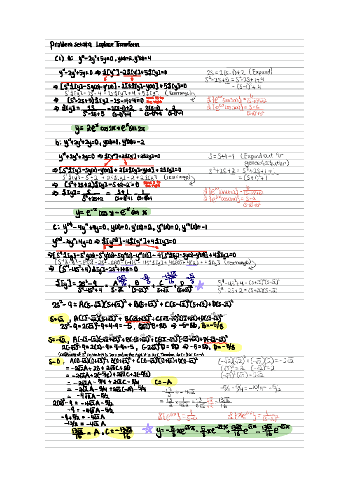 Problem Set#9to11 - problemset 9 LaplaceTransform I A y 24154 0, 2,41107 4 y 2y't5y 0 LEY 222413 ...