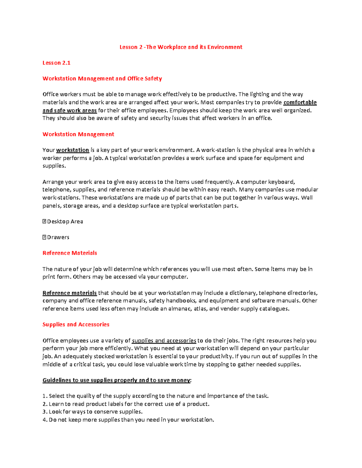 Lesson 2.1. The Workplace and its Environment - Lesson 2 - The ...