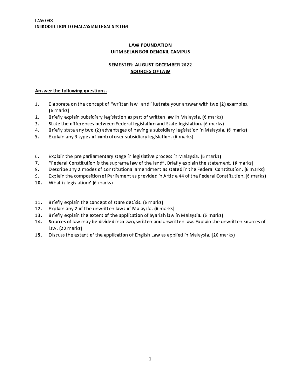 Tutorial (WEEK 9) - LAW 033 INTRODUCTION TO MALAYSIAN LEGAL SYSTEM 1 ...