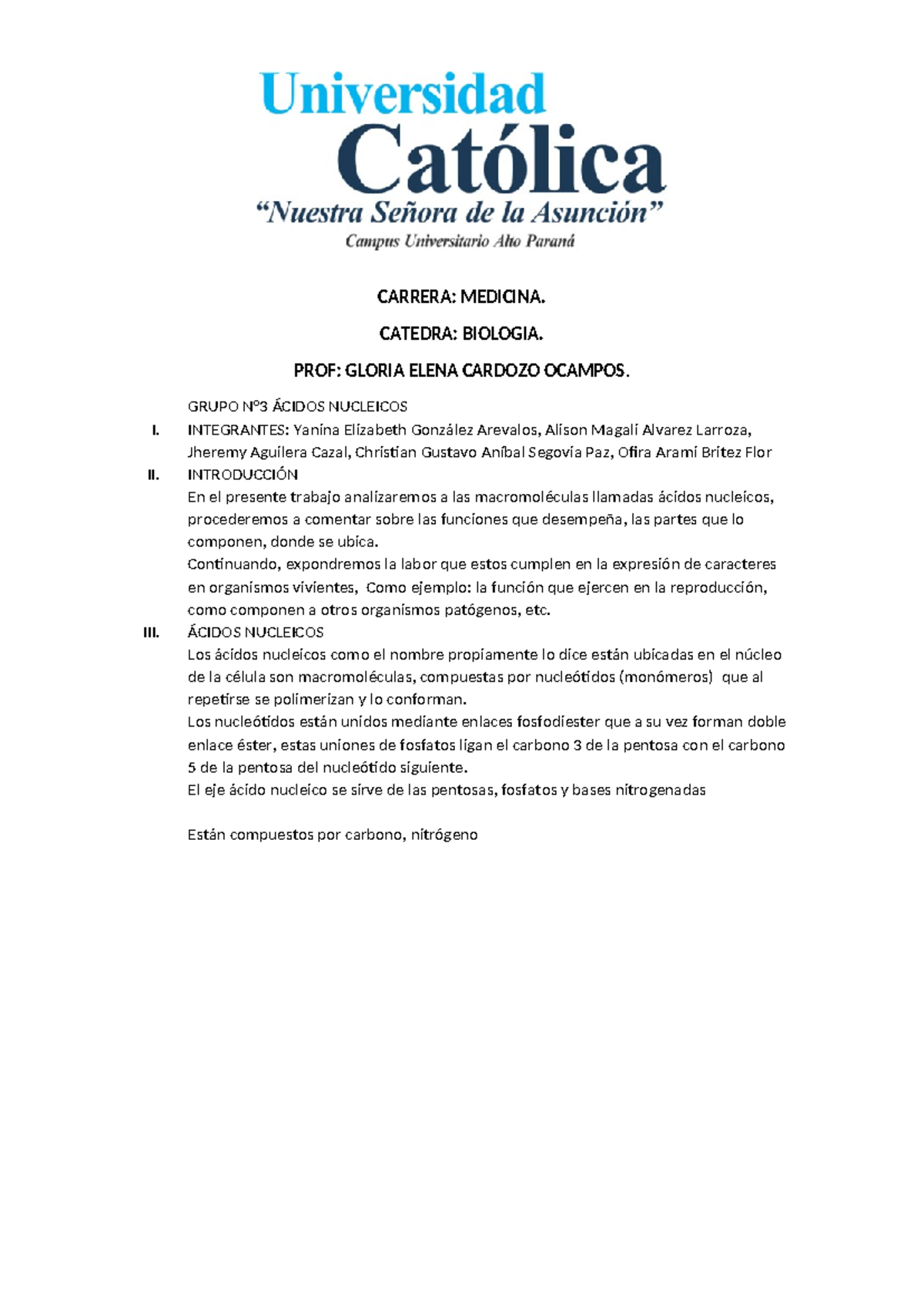 Biologia Acidos Nucleicos - CARRERA: MEDICINA. CATEDRA: BIOLOGIA. PROF ...