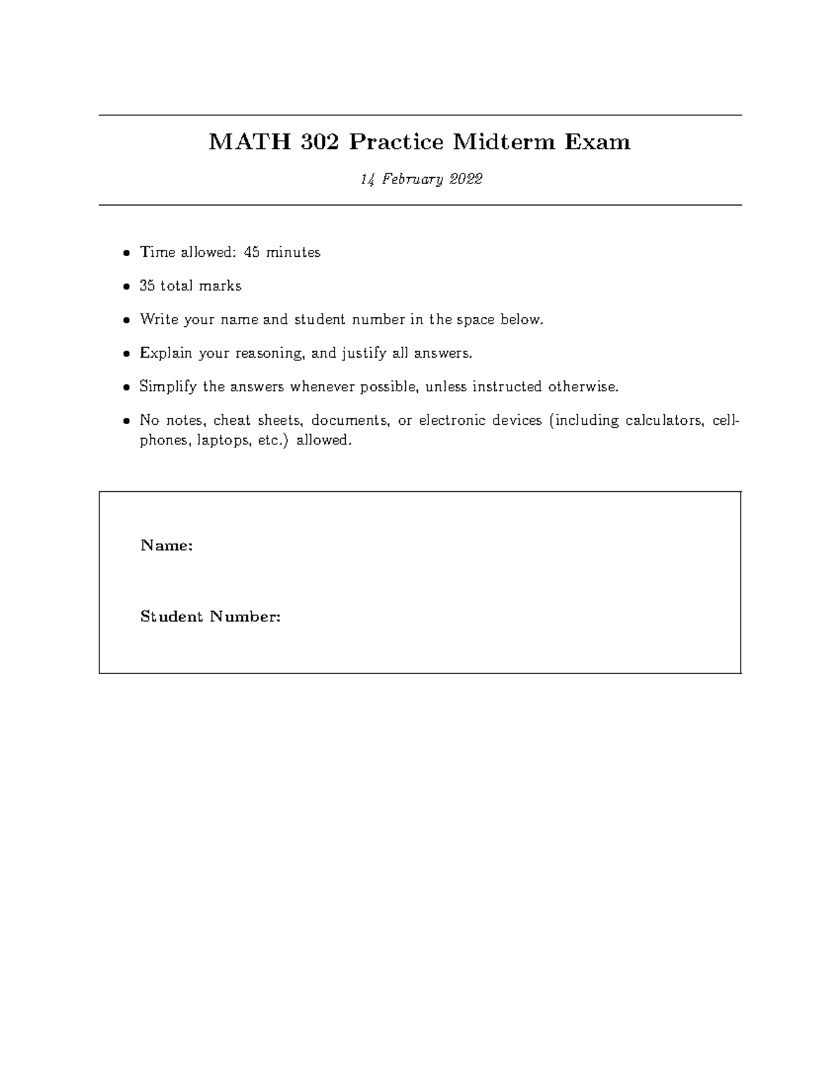 Math 302 Practice Midterm 2021/2022 - MATH 302 Practice Midterm Exam 14 ...