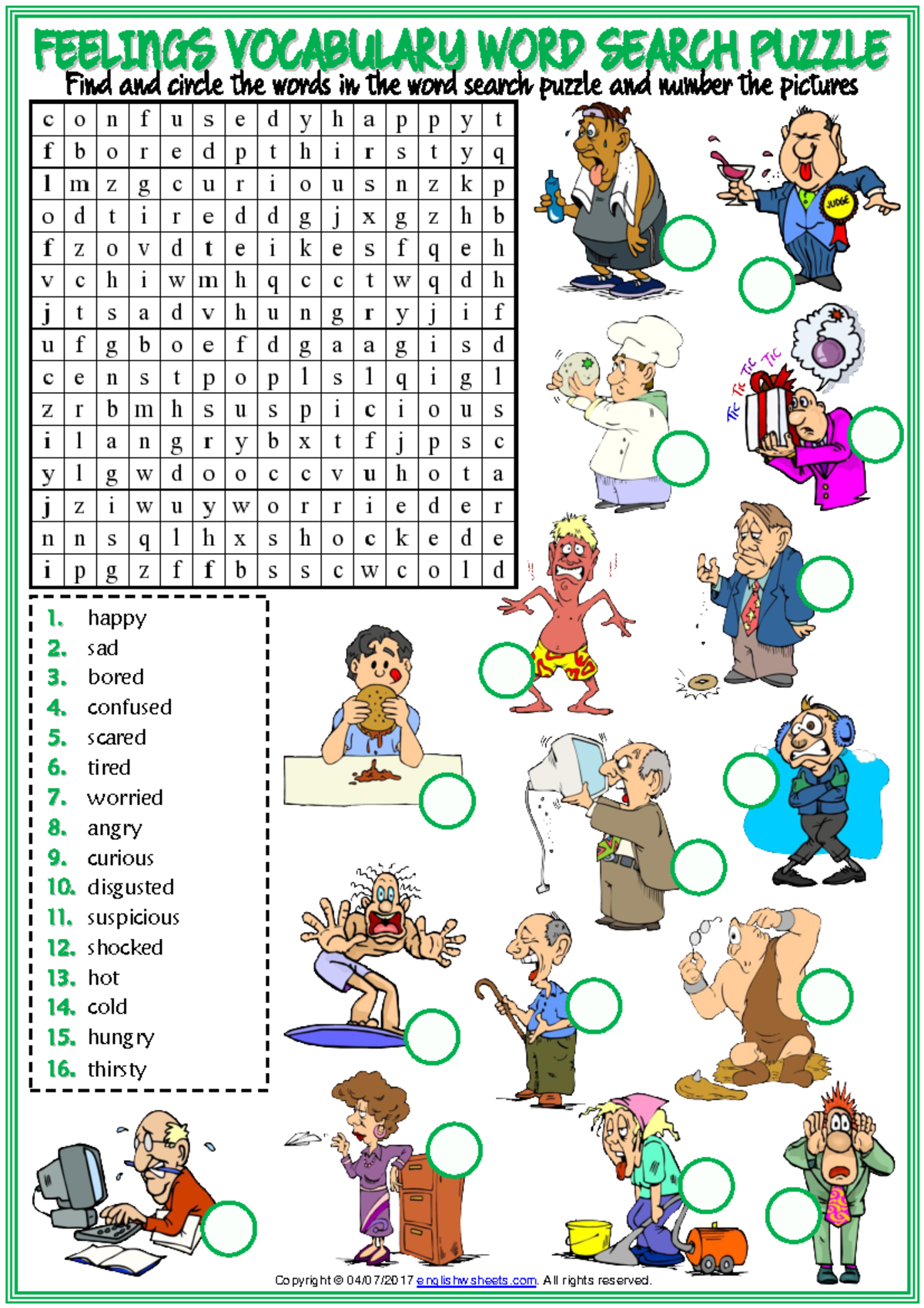 Feelings emotions vocabulary esl word search puzzle worksheet for kids ...