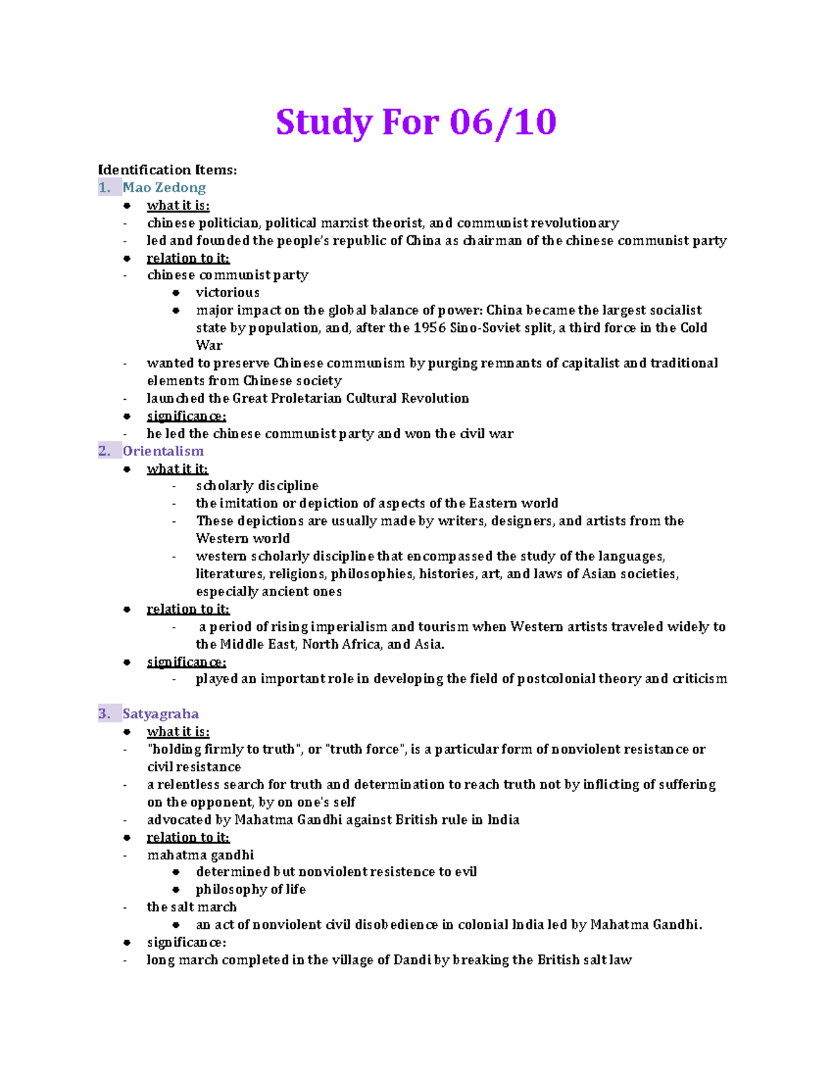 History 2c final review pt - Study For 06/ Identification Items: Mao ...