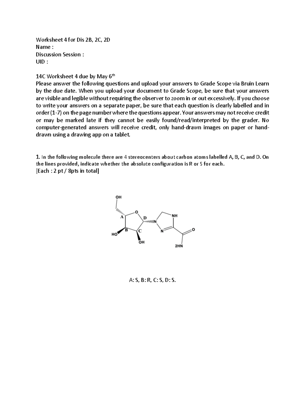 Worksheet 4 for Dis 2B, 2C, 2D Key - Chem 14C - UCLA - Studocu