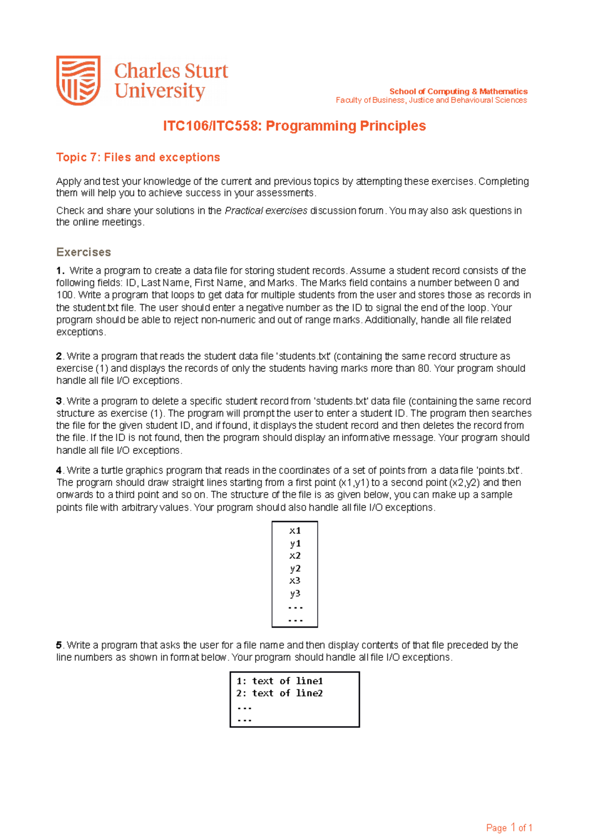 Topic 07 Practical exercises v1 - ITC106/ITC558: Programming Principles Topic 7: Files and - Studocu