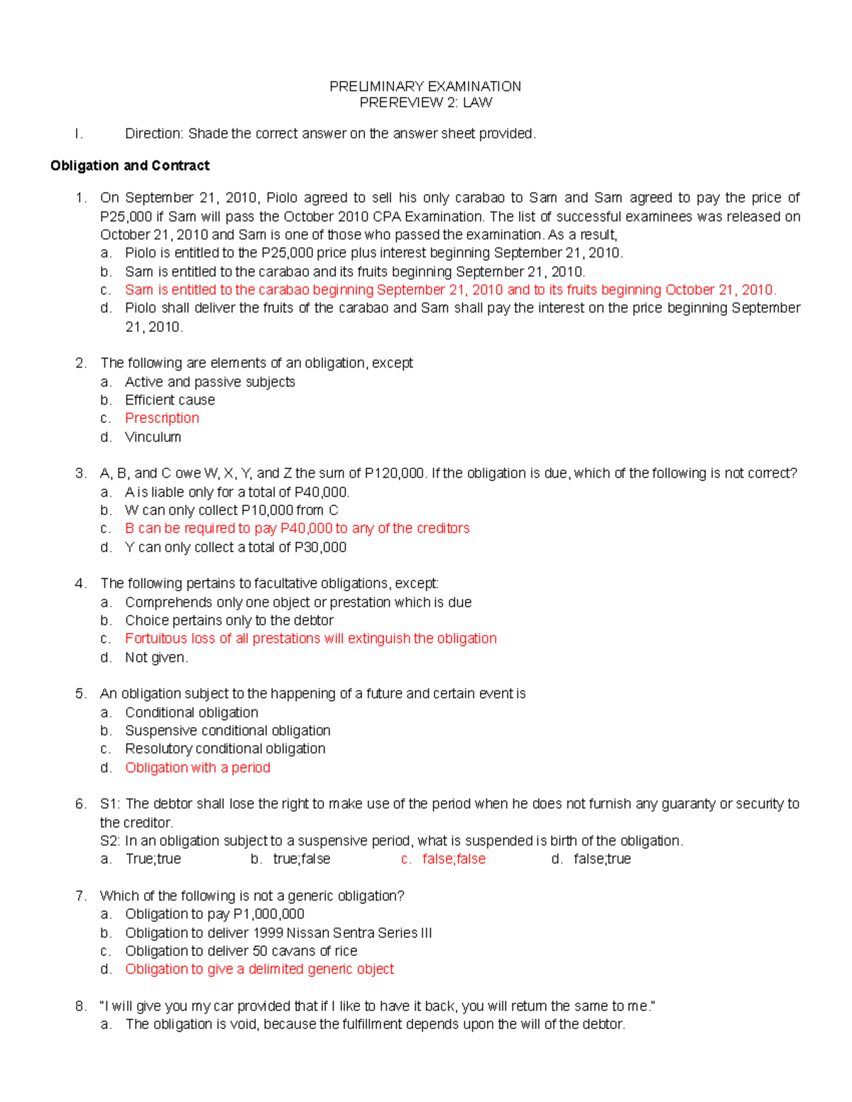 LAW Prelim - PRELIMINARY EXAMINATION PREREVIEW 2: LAW I. Direction ...