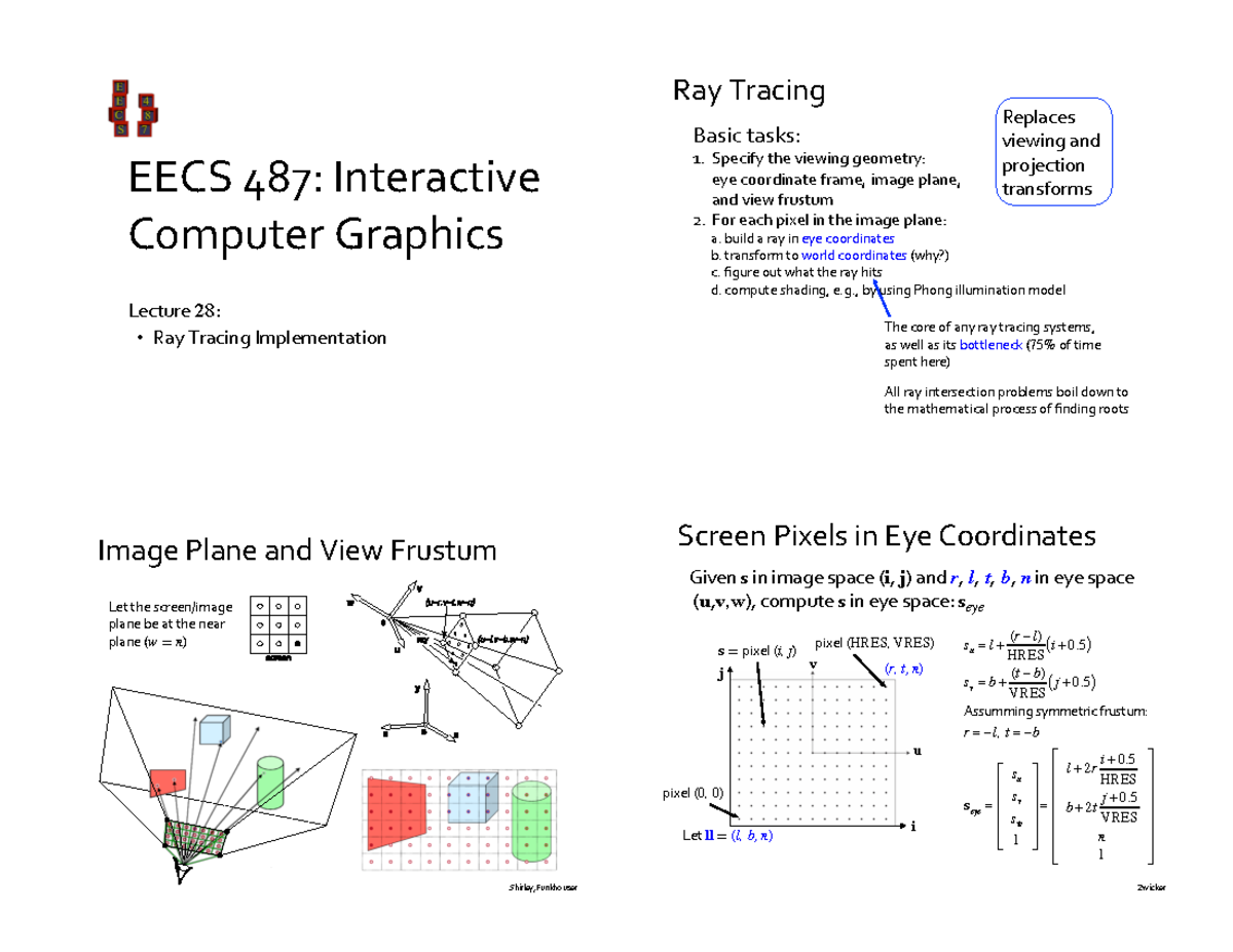 Lecture notes, lecture 28 - Ray Tracing Basic tasks: EECS 487 ...