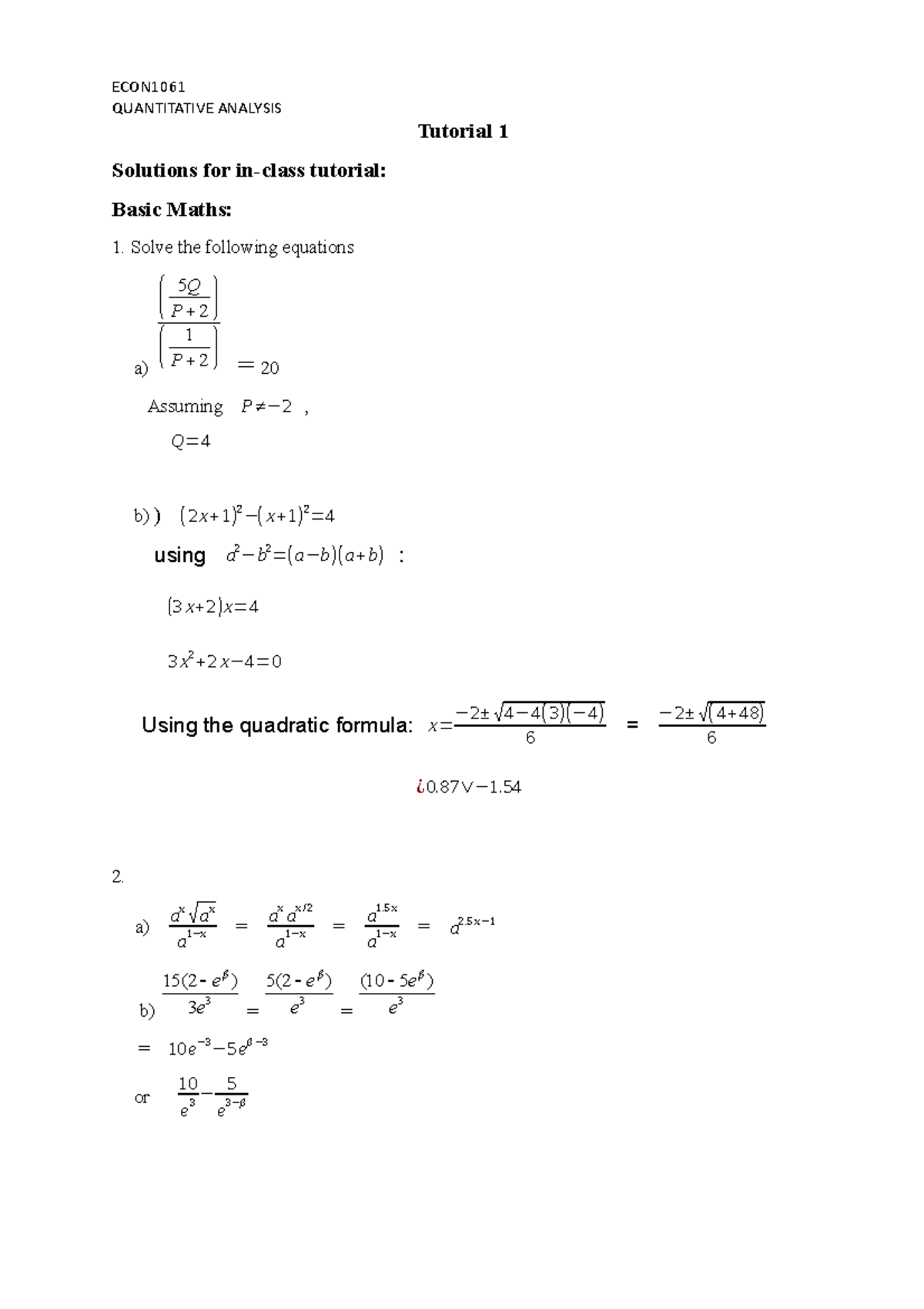Tutorial 1 Solutions Week 1 Qs And As Quantitative Analysis Tutorial 1 Solutions For In