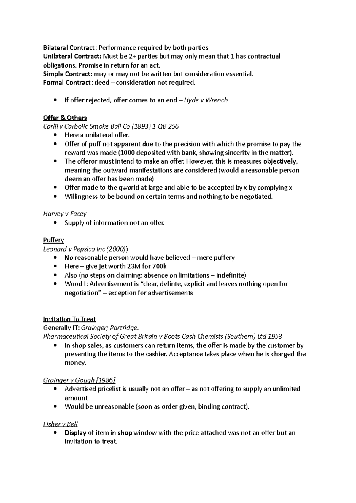 Formation - Offer - Notes - Bilateral Contract: Performance required by ...